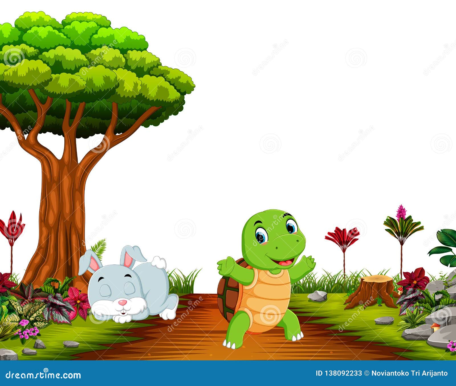 A Bunny Sleep Under Tree while Tortoise Run on Road Stock Vector ...