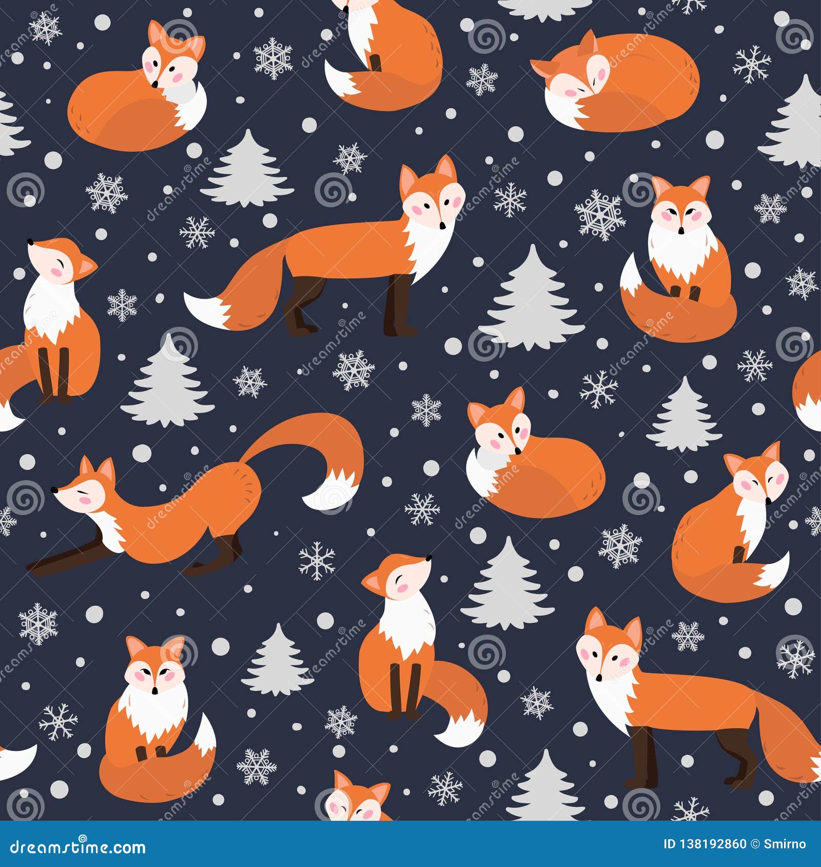 Seamless Pattern with Cute Red Foxes on a Dark Background, Vector ...