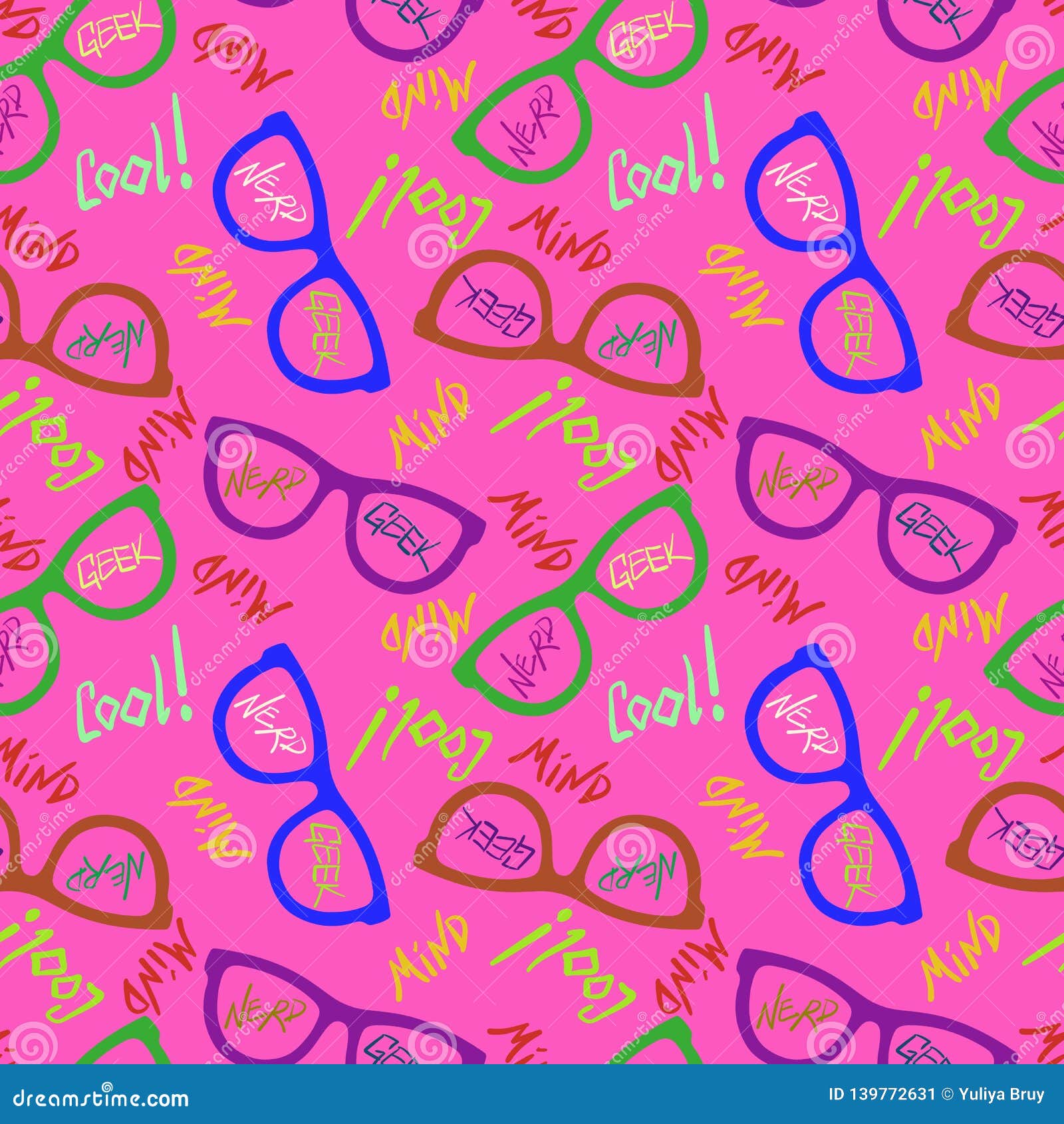 Seamless Pattern with Glasses and Inscriptions: Nerd, Cool, Mind, Geek ...