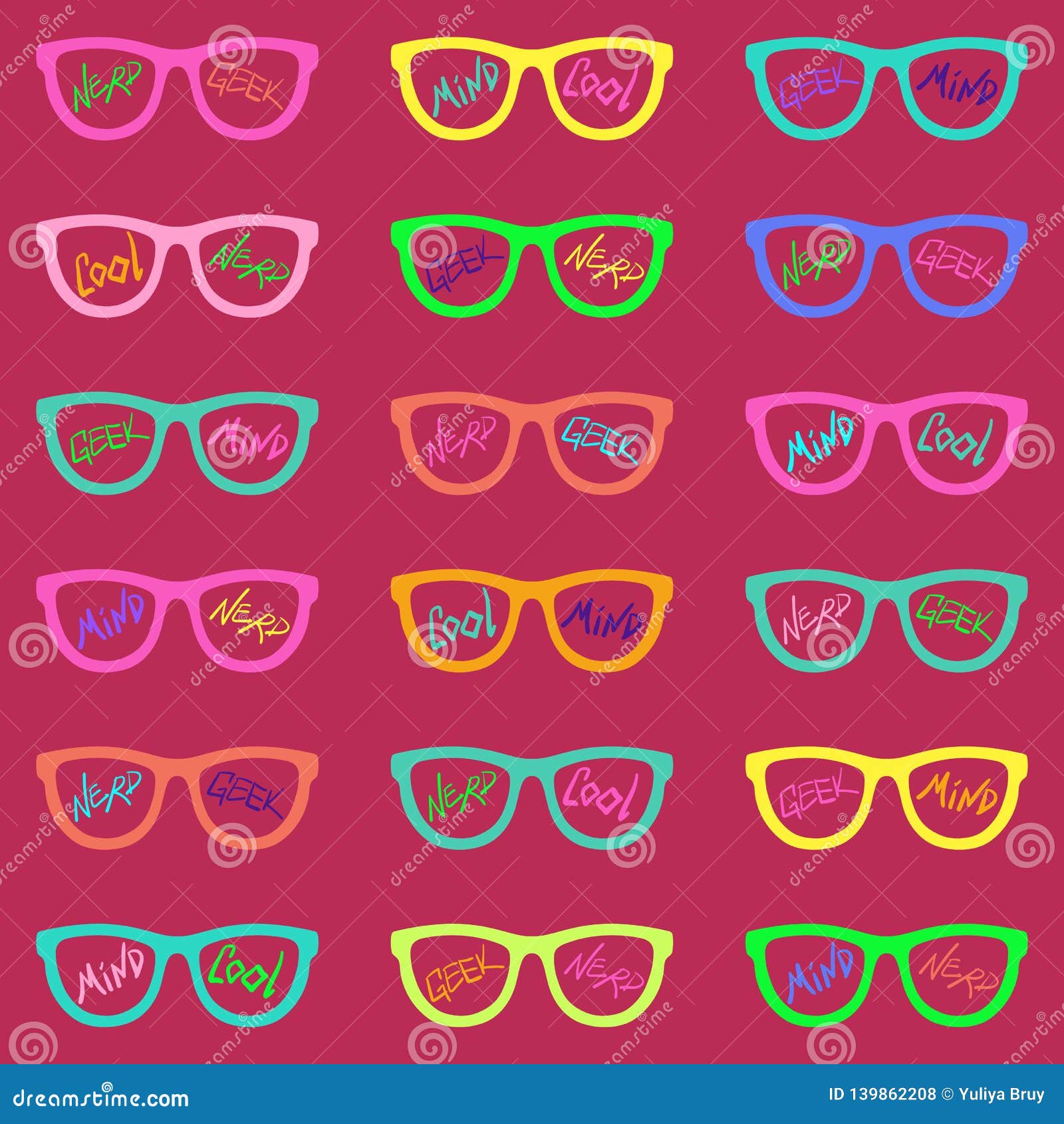 Set. Seamless Pattern with Glasses and Inscriptions: Nerd, Cool, Mind ...