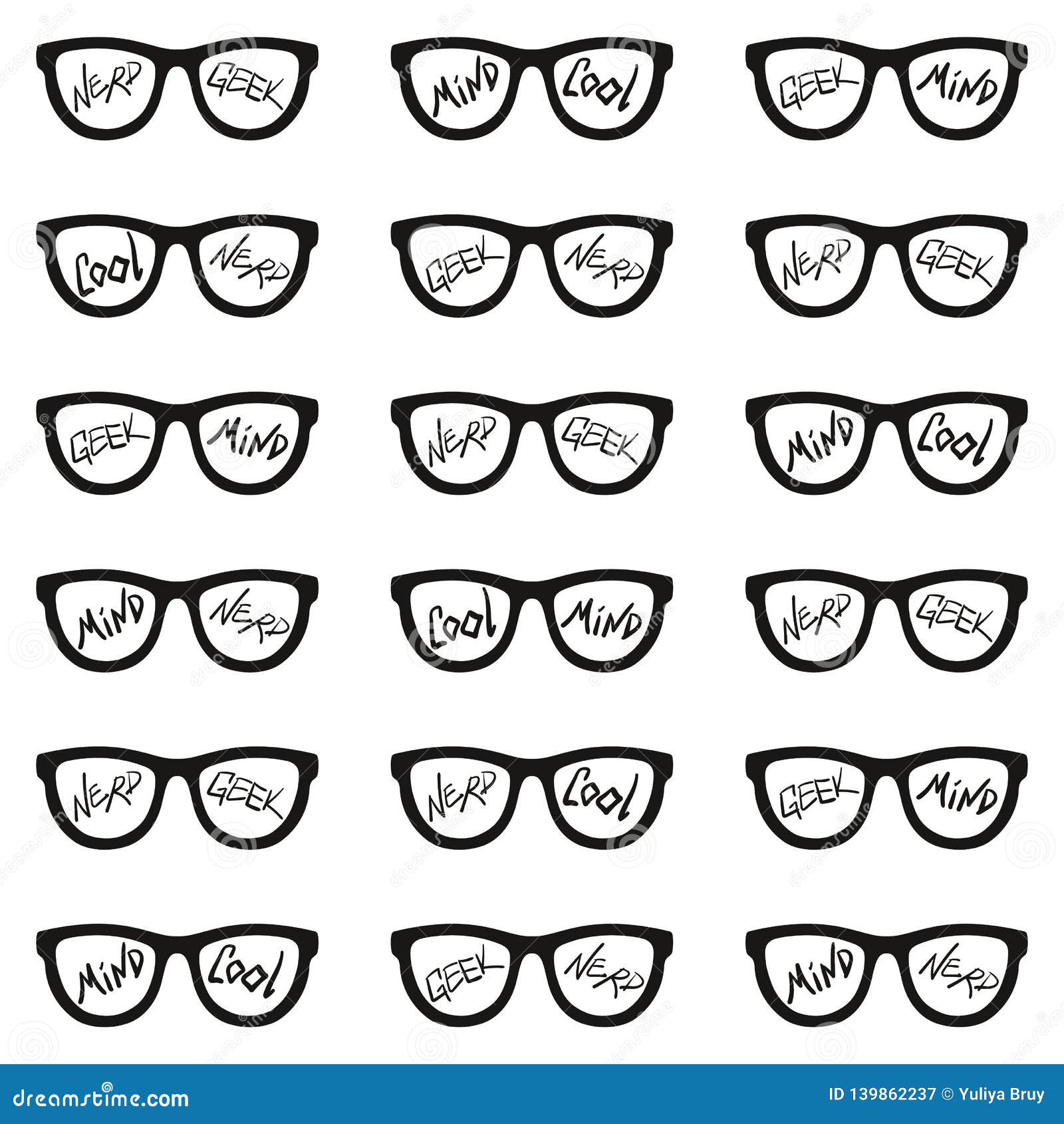 Set. Seamless Pattern with Glasses and Inscriptions: Nerd, Cool, Mind ...