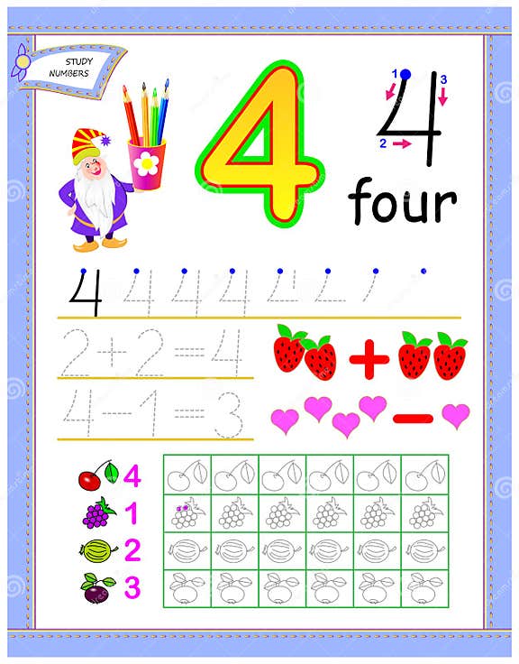 Educational Page for Kids with Number 4. Count and Paint Corresponding ...