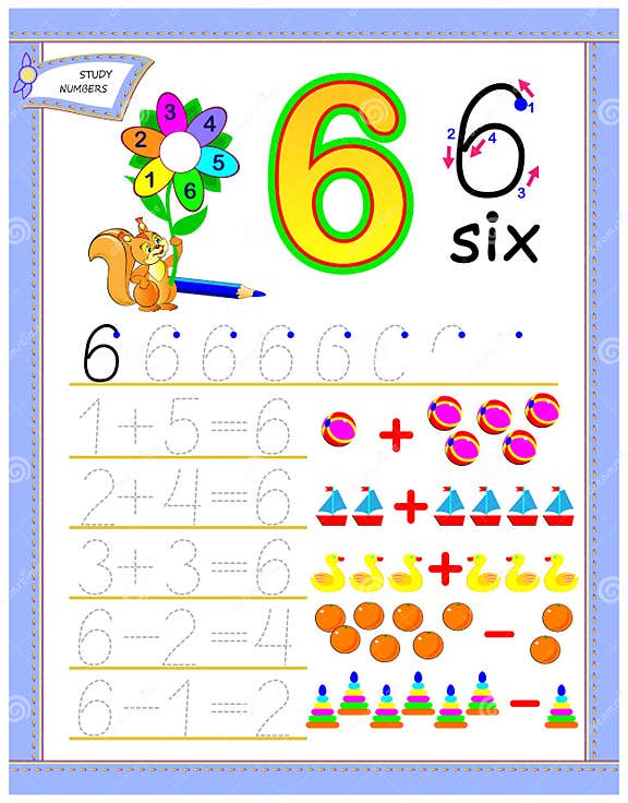 Educational Page for Kids with Number 6. Solve Mathematical Examples ...