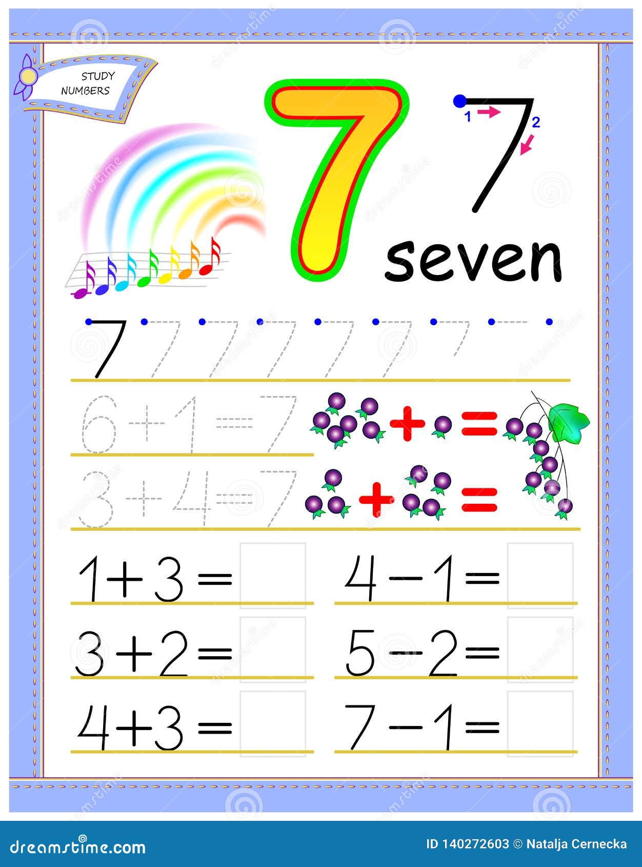 Educational Page for Kids with Number 7. Solve Mathematical Examples ...