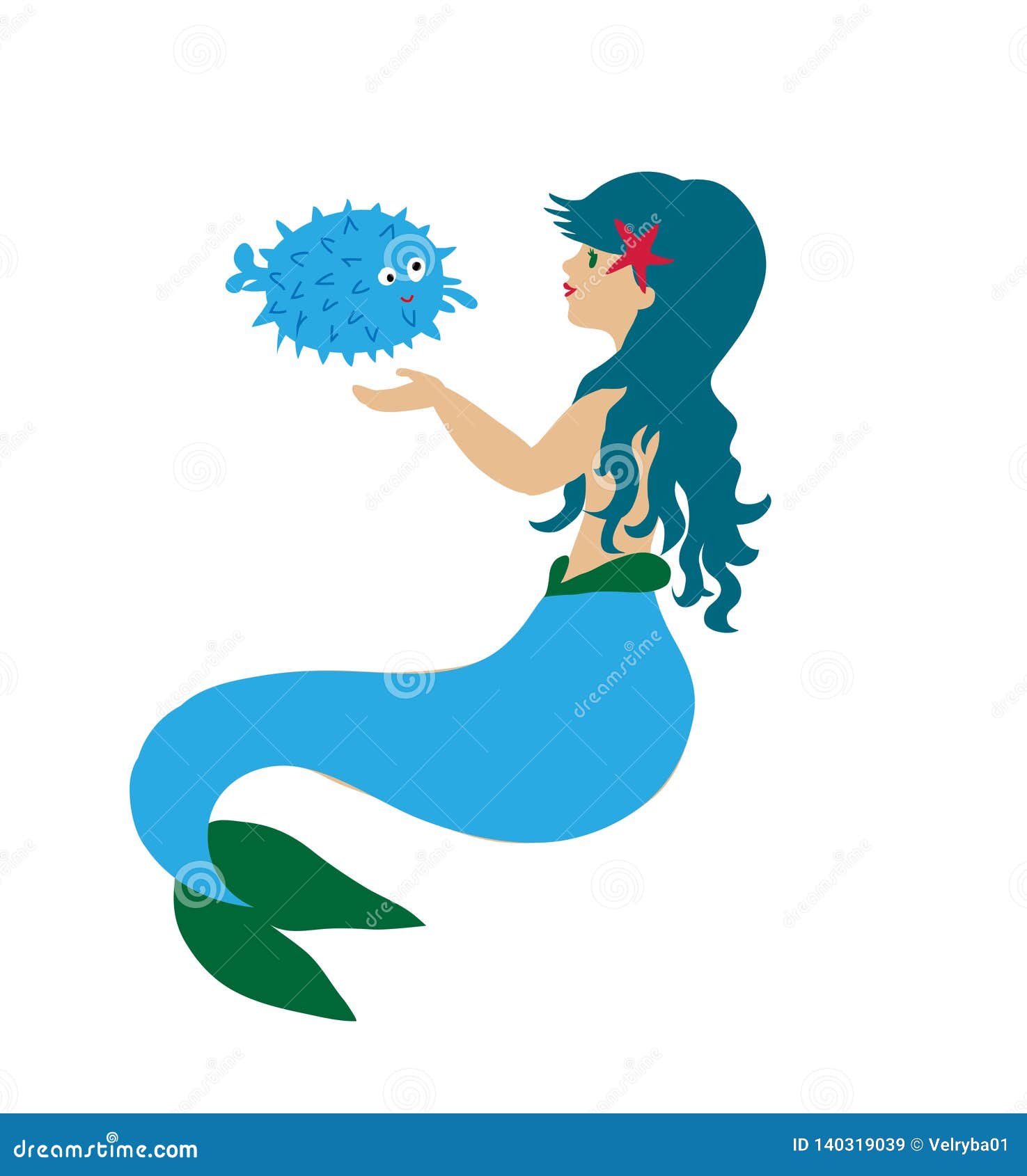 Mermaid with fish funny stock vector. Illustration of starfish - 140319039