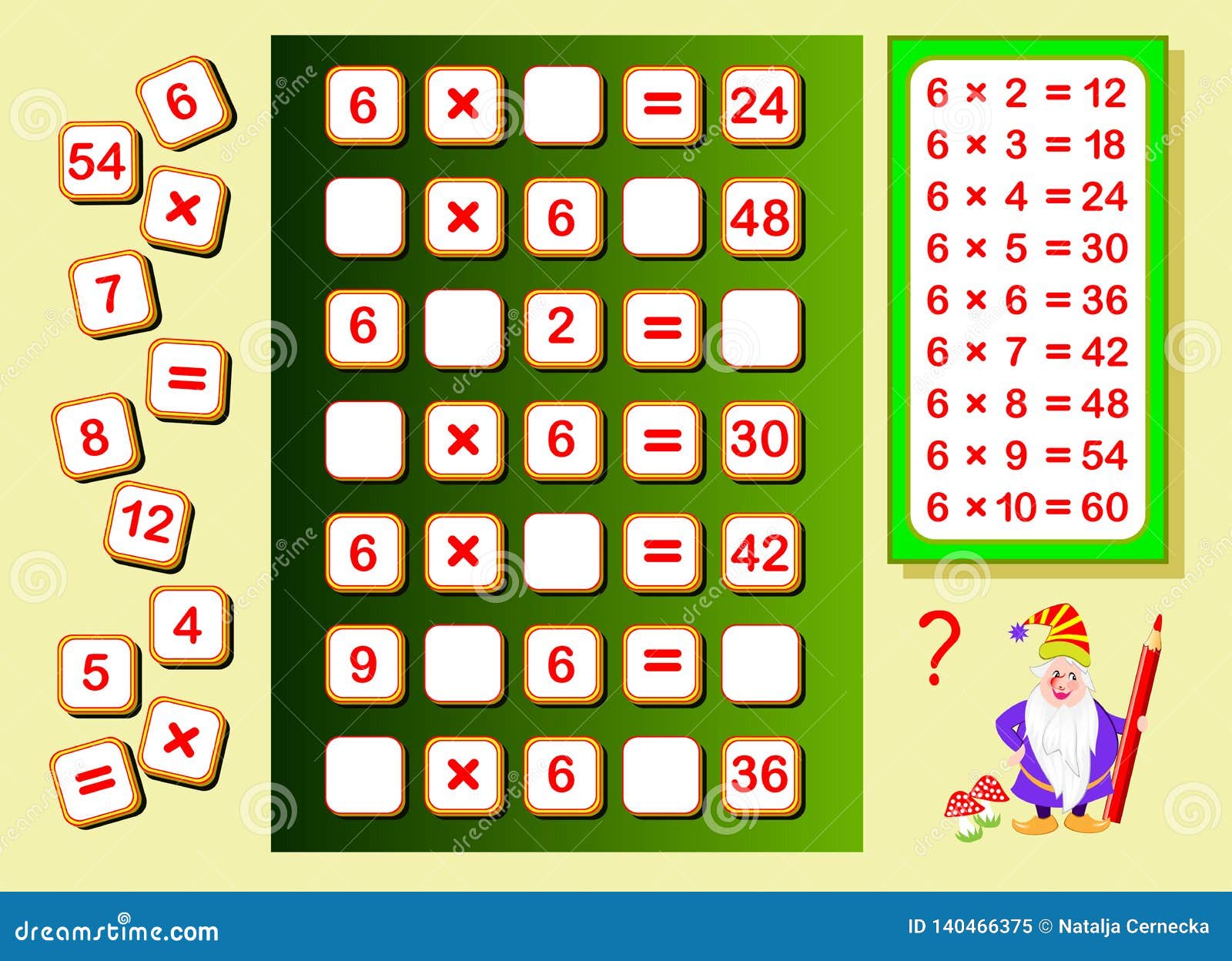 Multiplication Table by 6 for Kids. Find Places for Falling Numbers and ...