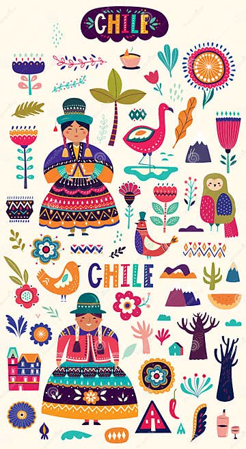 Collection of Chile`s Symbols. National Costumes of Chile Stock Vector ...