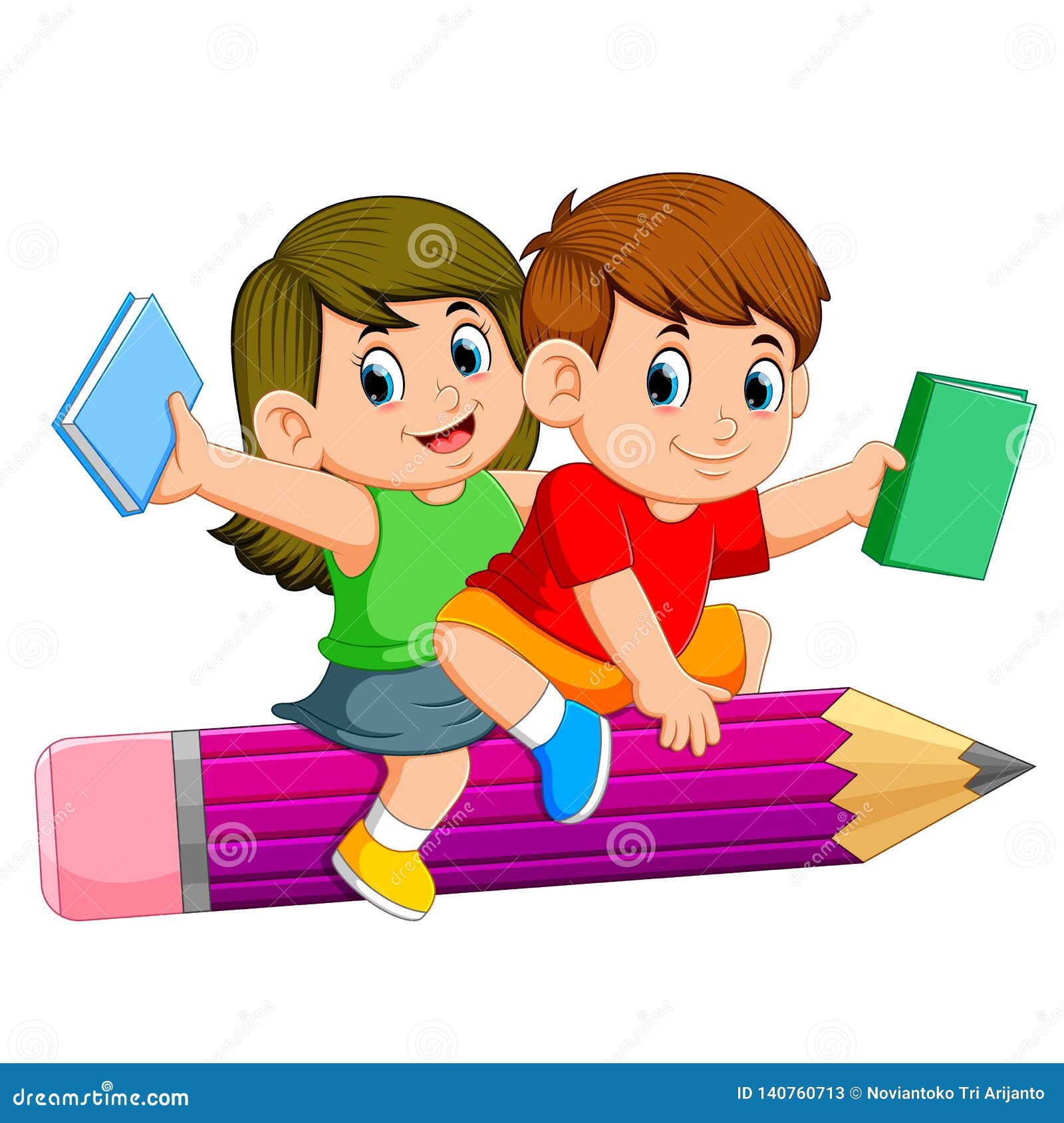 School Kids Riding a Pencil Stock Vector - Illustration of card, play ...