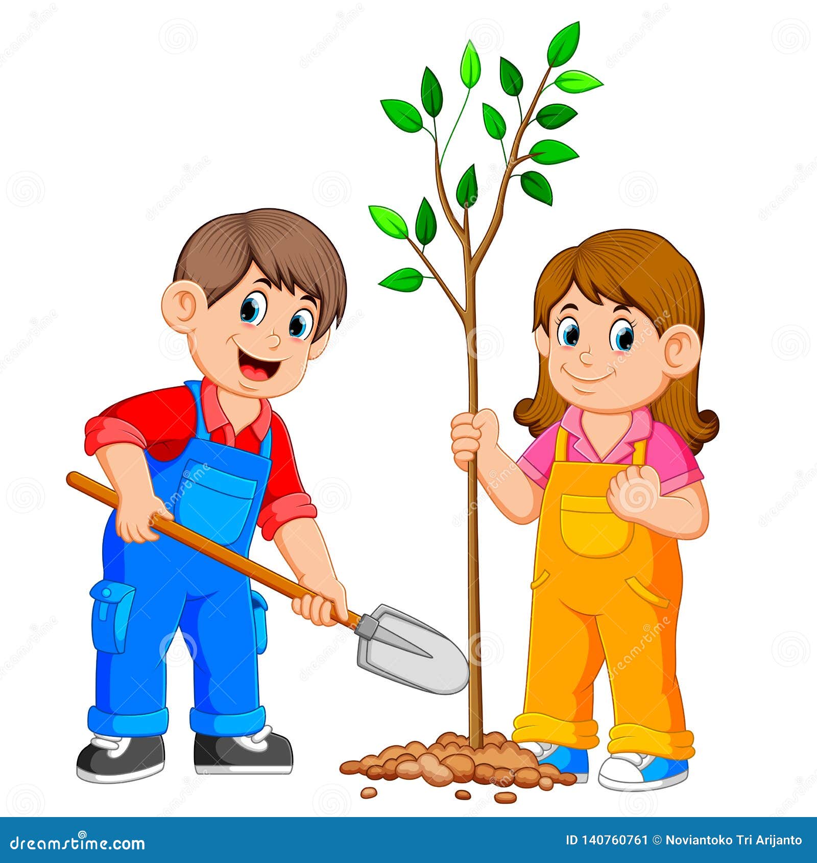 Two Kids planting a tree stock vector. Illustration of little - 140760761