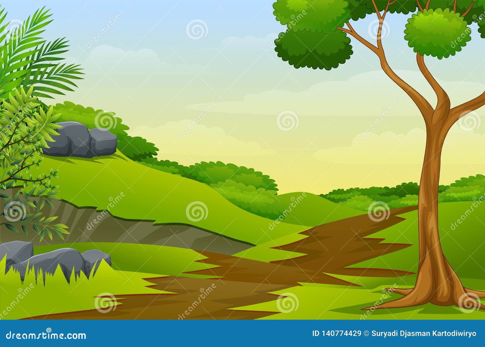 A Pathway Going Through Lush Green Outfield With Trees And Hills ...