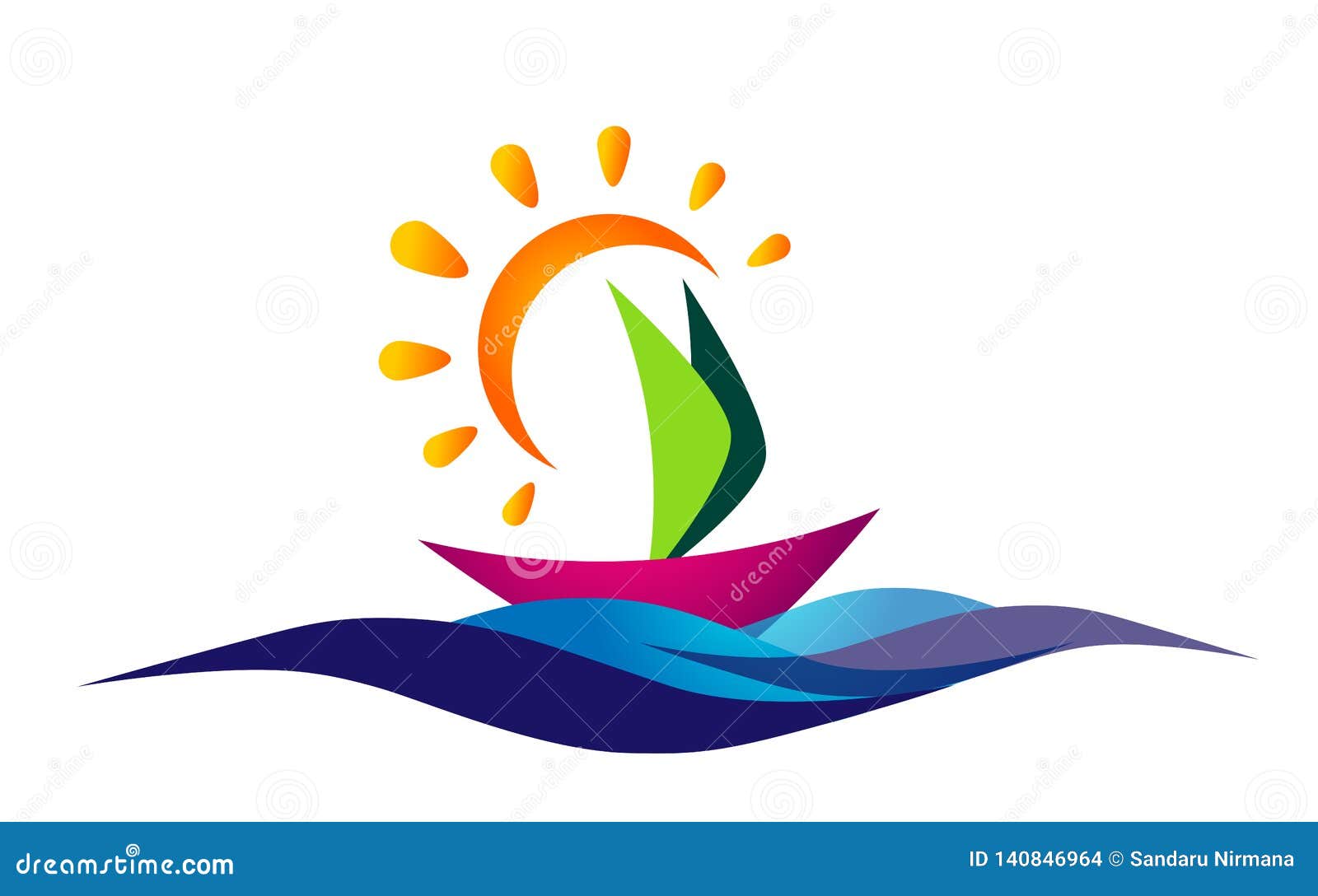 Boat Ship Sun Sea Water Wave Logo Icon Vector Illustrations on White ...