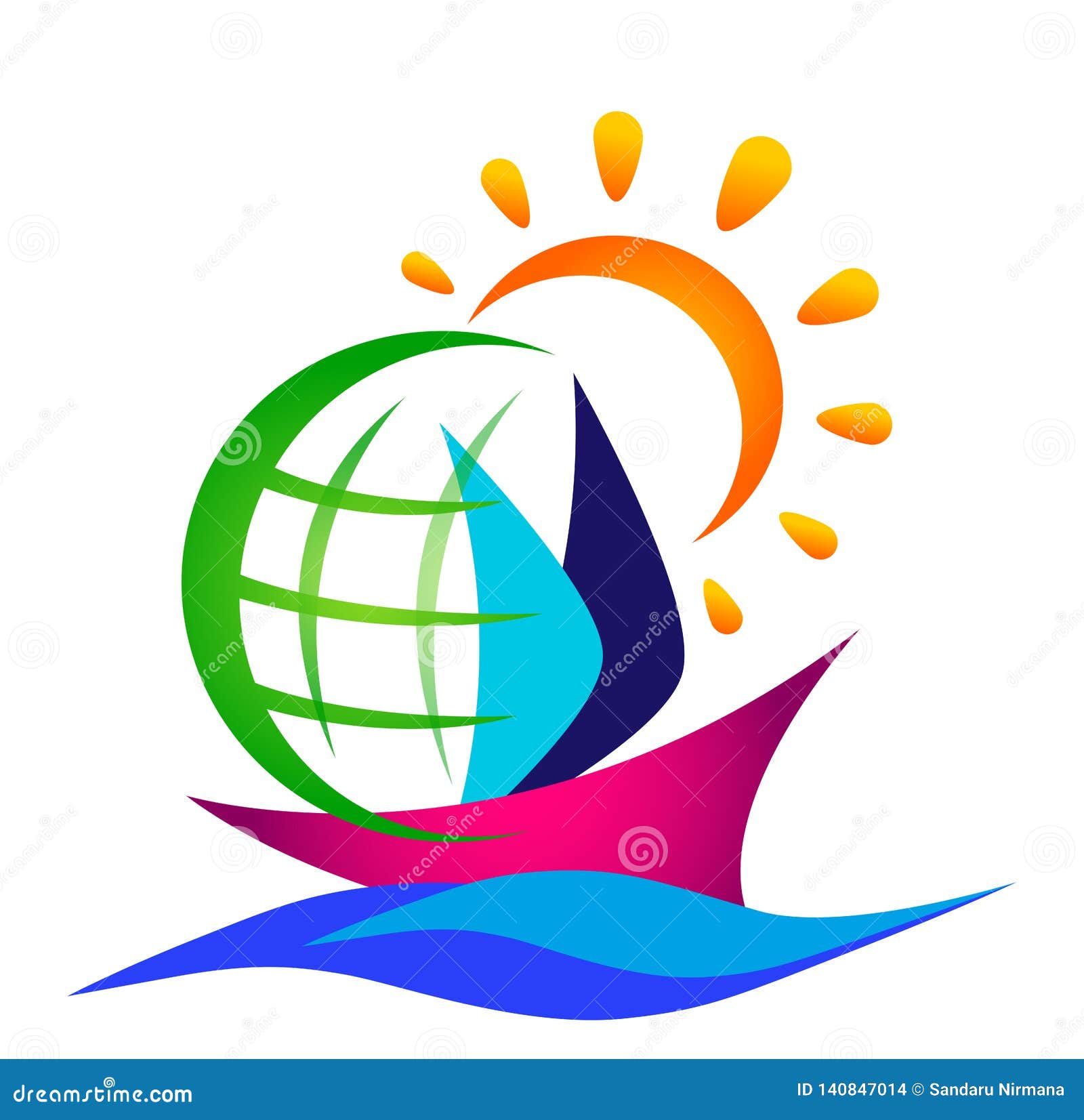 Globe World Boat Ship Sun Sea Water Wave Logo Icon Vector Illustrations ...