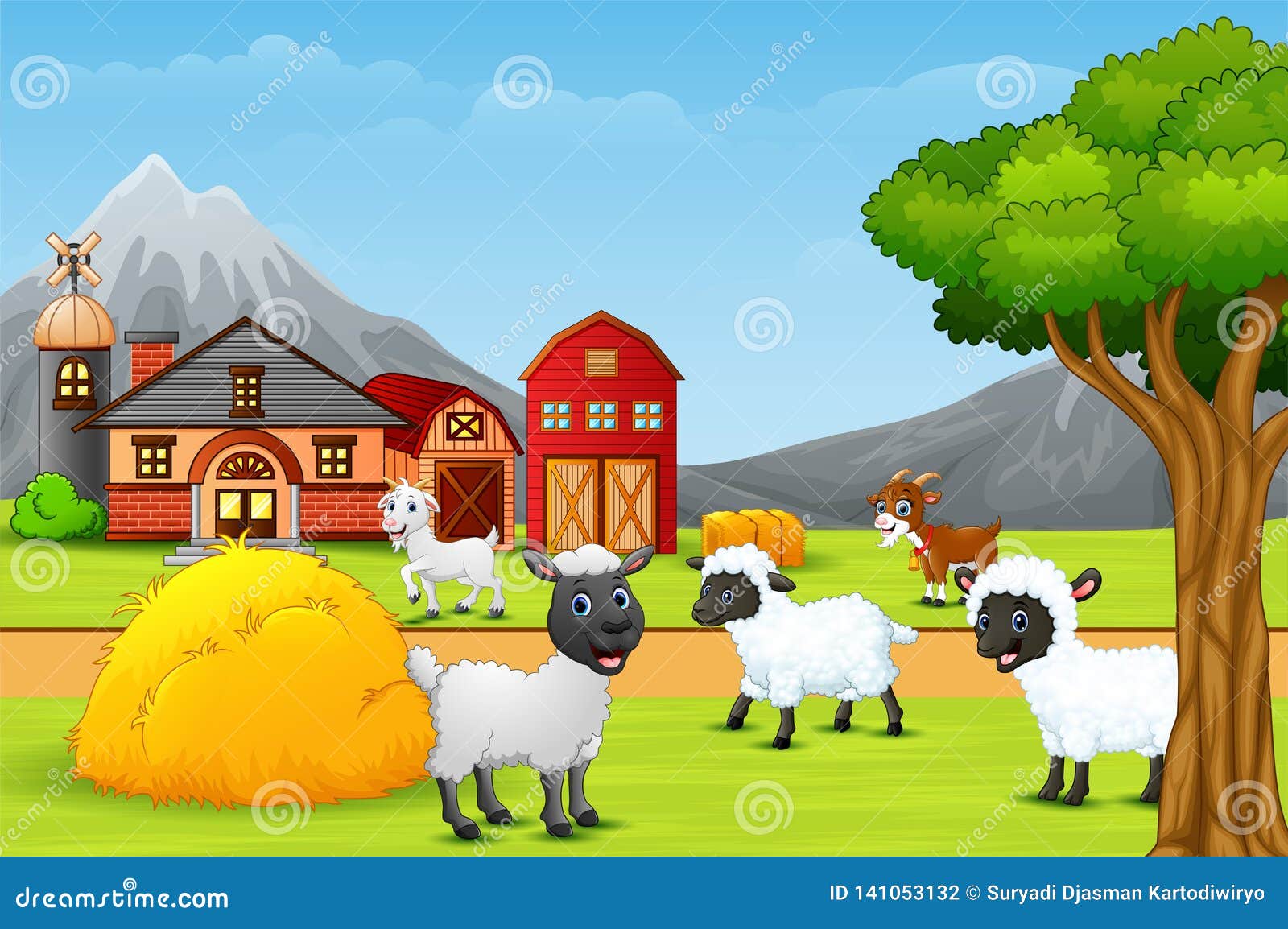 A Group of Sheep at the Farm Landscape Stock Vector - Illustration of ...