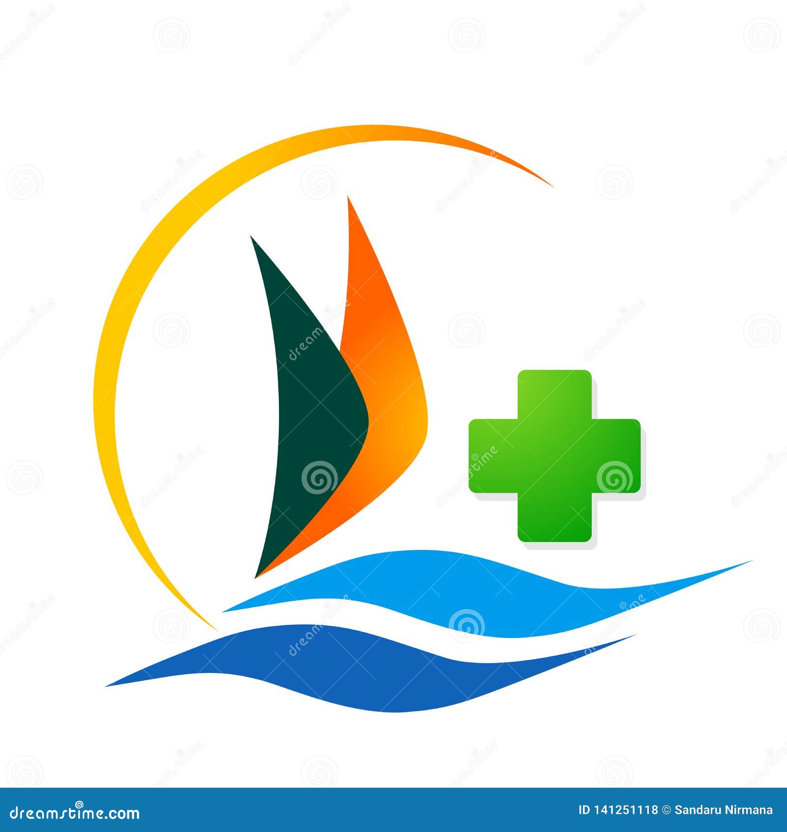 Medical Care Globe Sun and Sea Wave Boat Ship Family Health Concept in ...