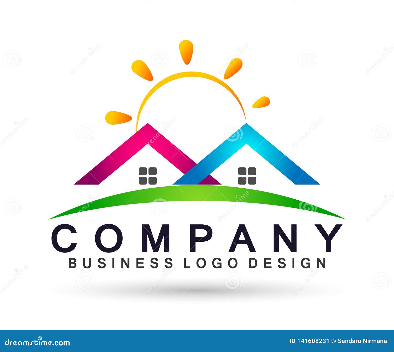 Abstract Real Estate Sun Green Wave House Roof and Home Logo Vector ...