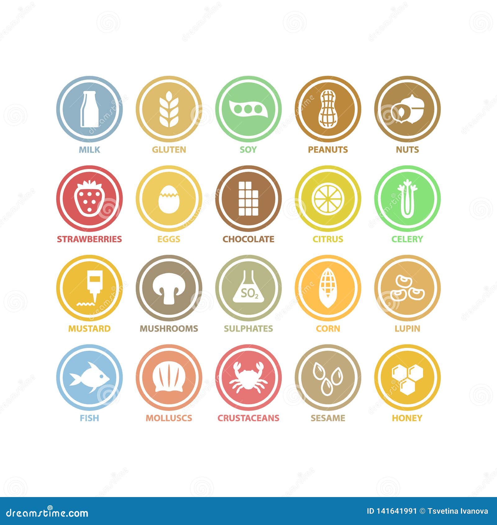 Food Allergens White Circle Vector Signs in Colorful Labels. Stock ...