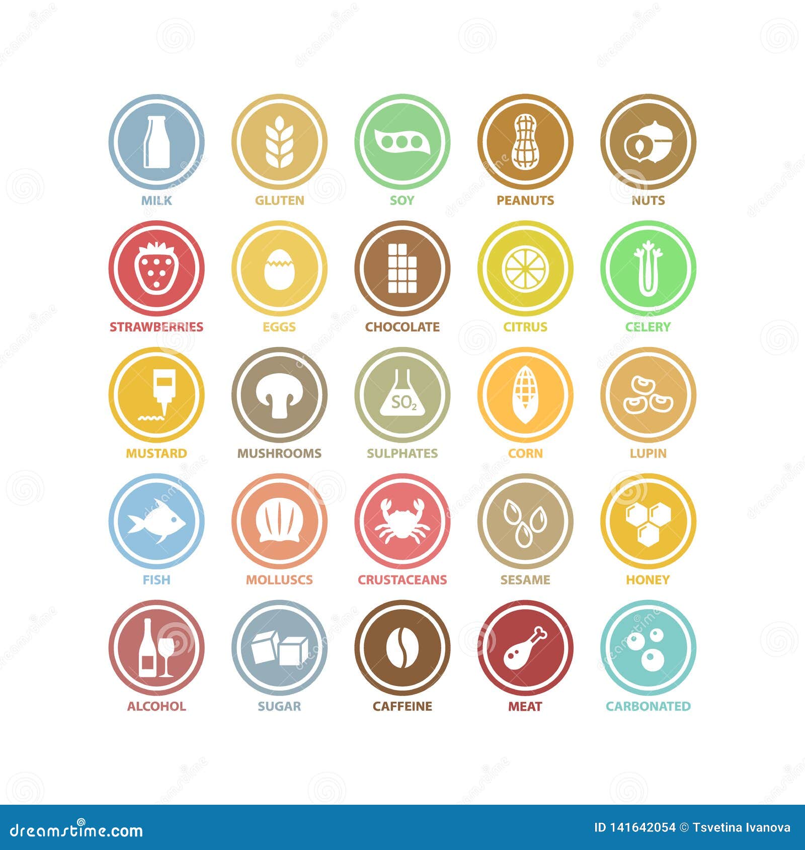 Food Ingredients Vector White Circle Signs In Colorful Labels ...