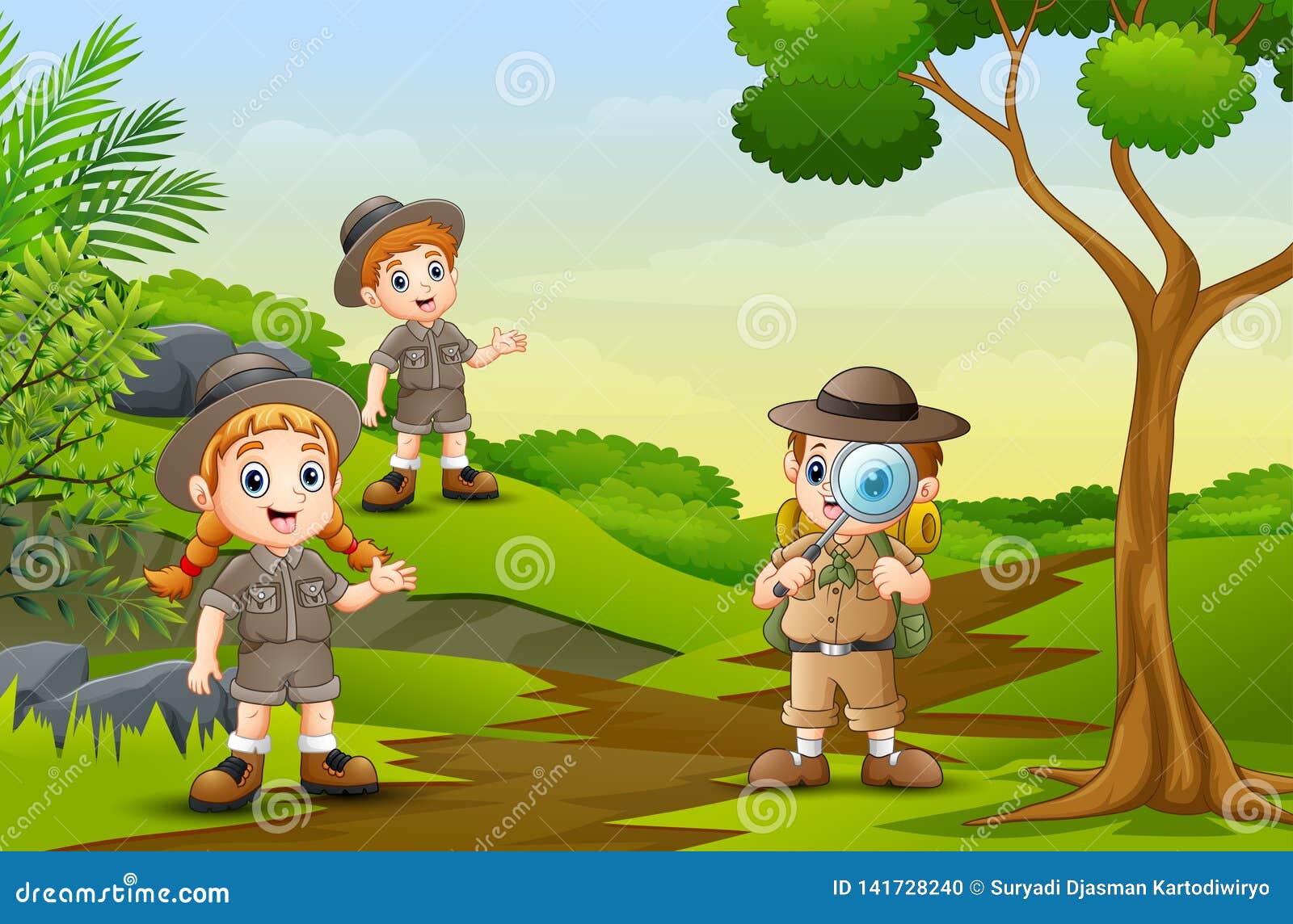 Happy Children is Exploring in the Nature Stock Vector - Illustration ...