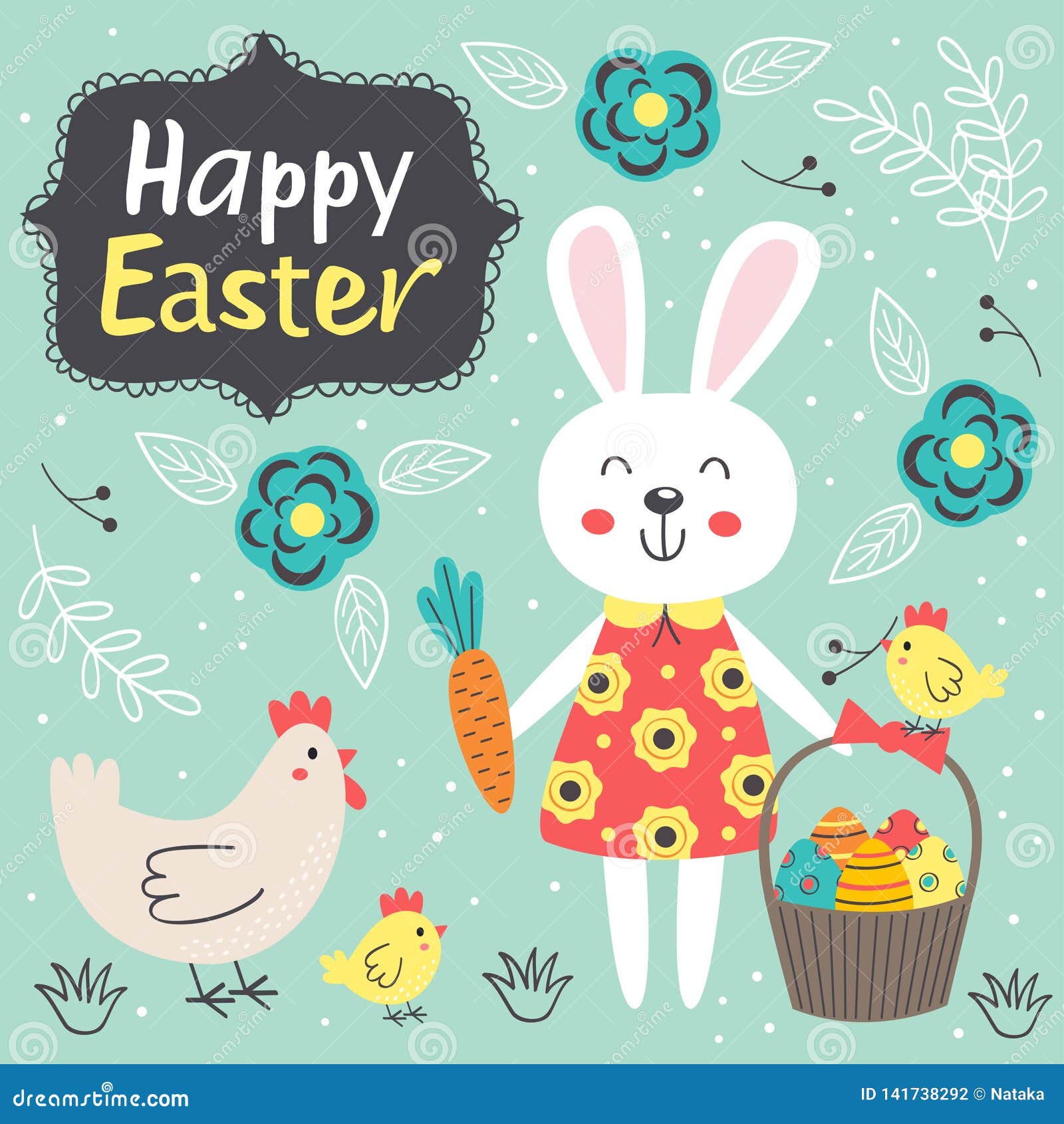Easter Card with Cute Rabbit and Chicken Stock Vector - Illustration of ...