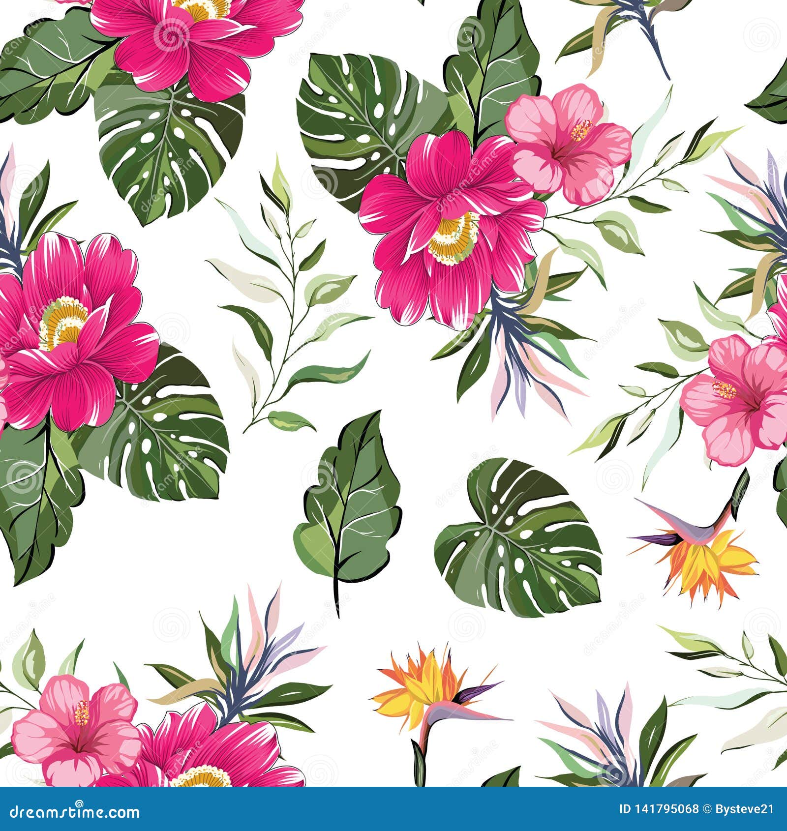 Seamless Pattern Tropical Pink Flower with Leaves White Background ...