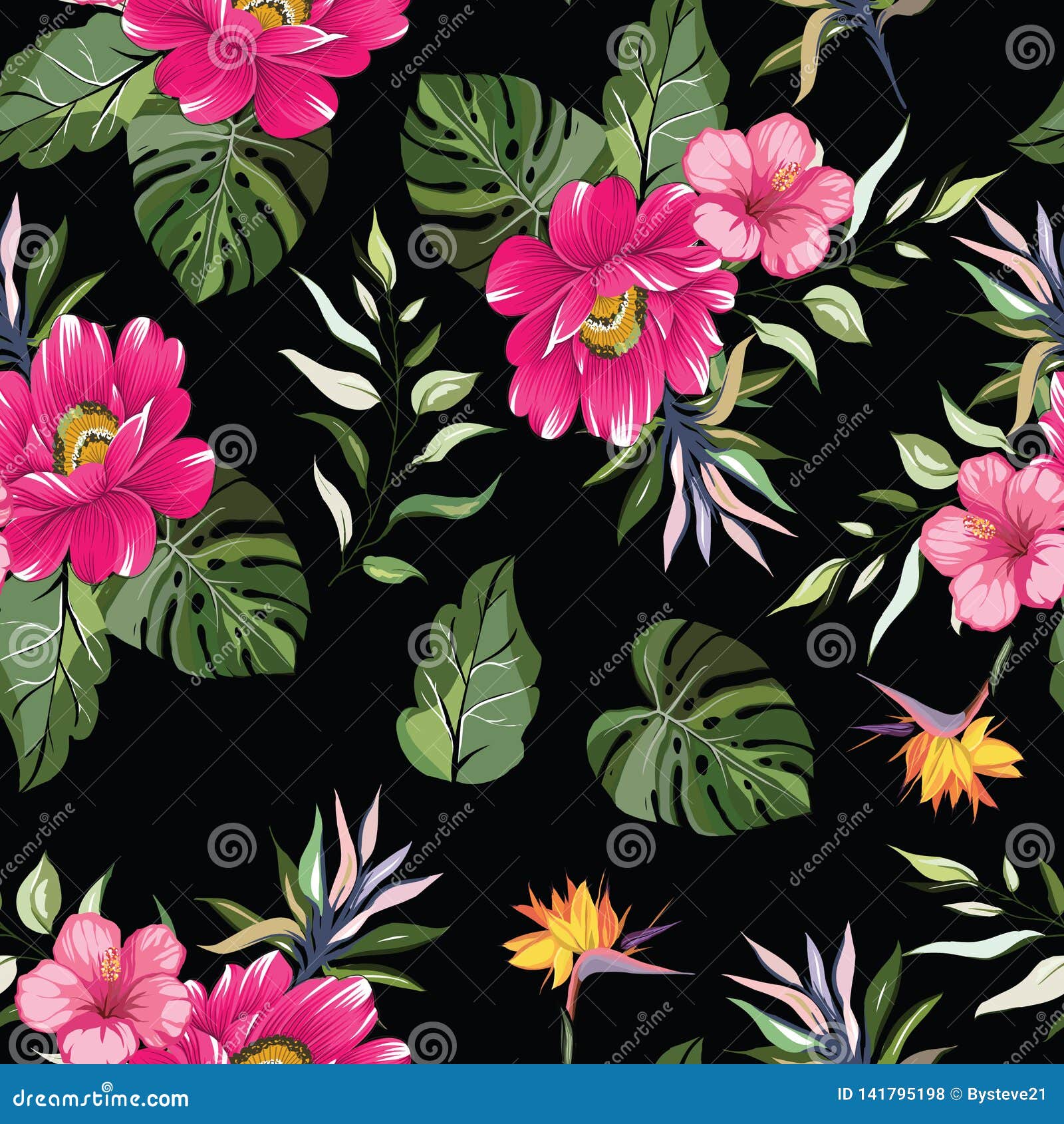Seamless Pattern Tropical Pink Flower with Leaves Black Stock Vector ...