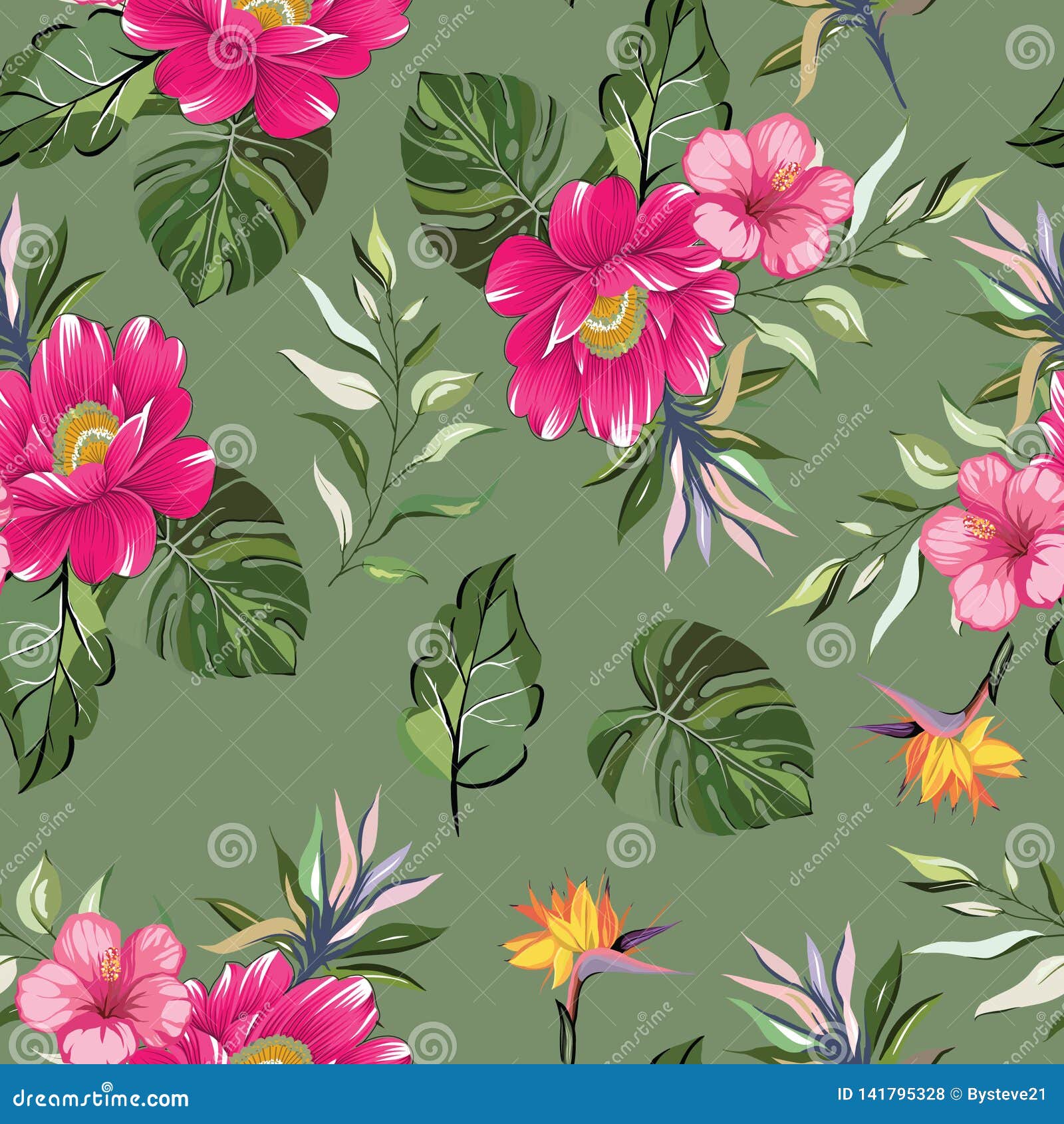Seamless Pattern Tropical Pink Flower with Leaves Green Stock Vector ...