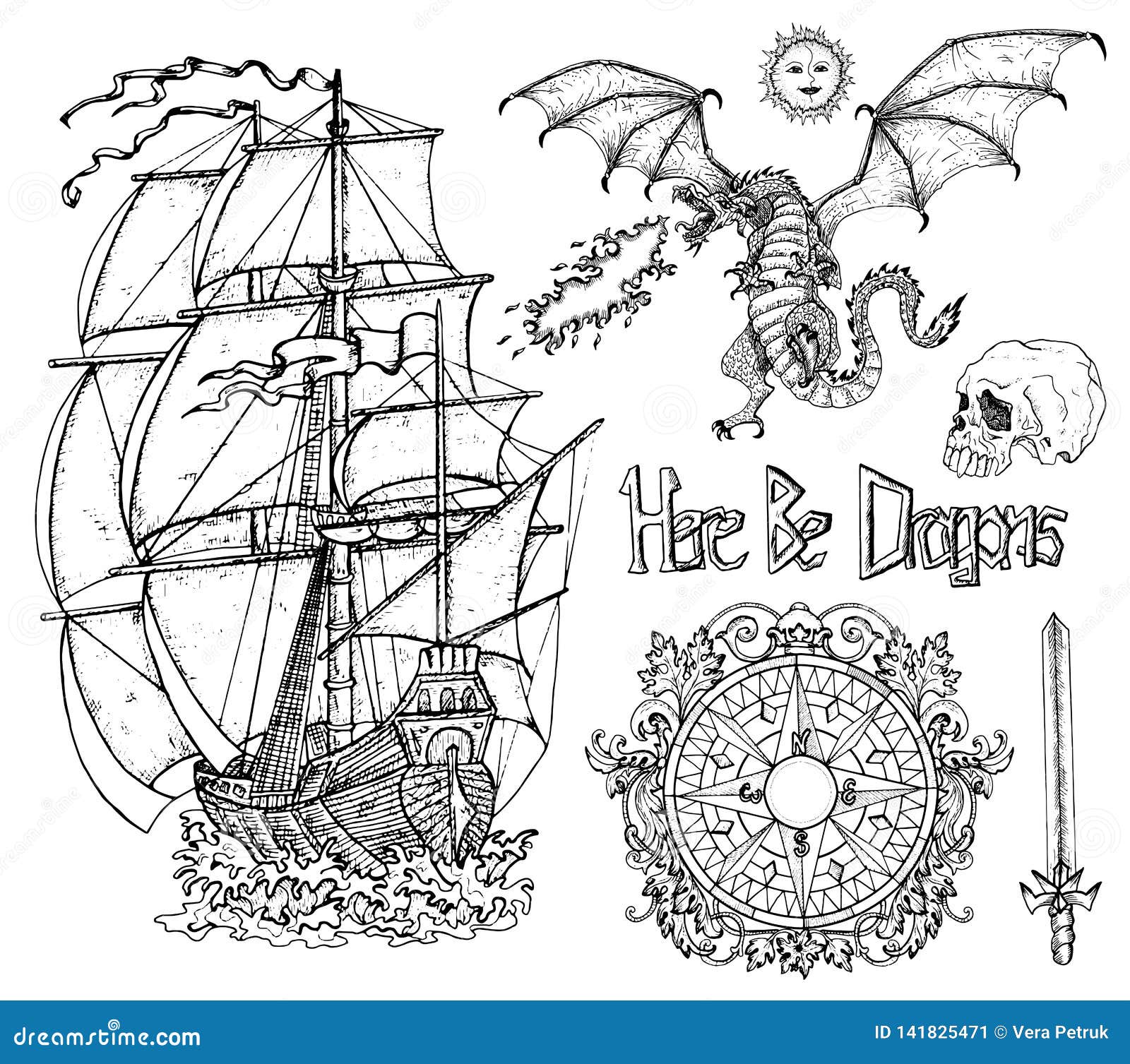 Design Set with Old Sailing Ship, Dragon, Compass and Sword Stock ...