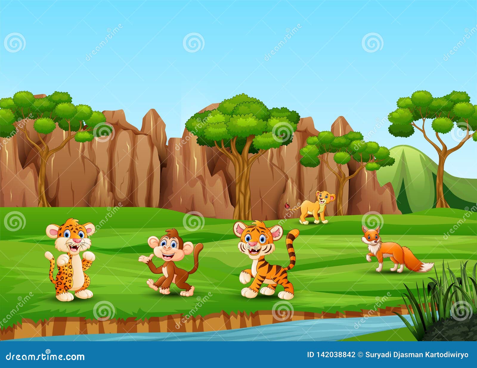 Wild Animal Cartoon Playing and Enjoying on the Field Stock Vector ...