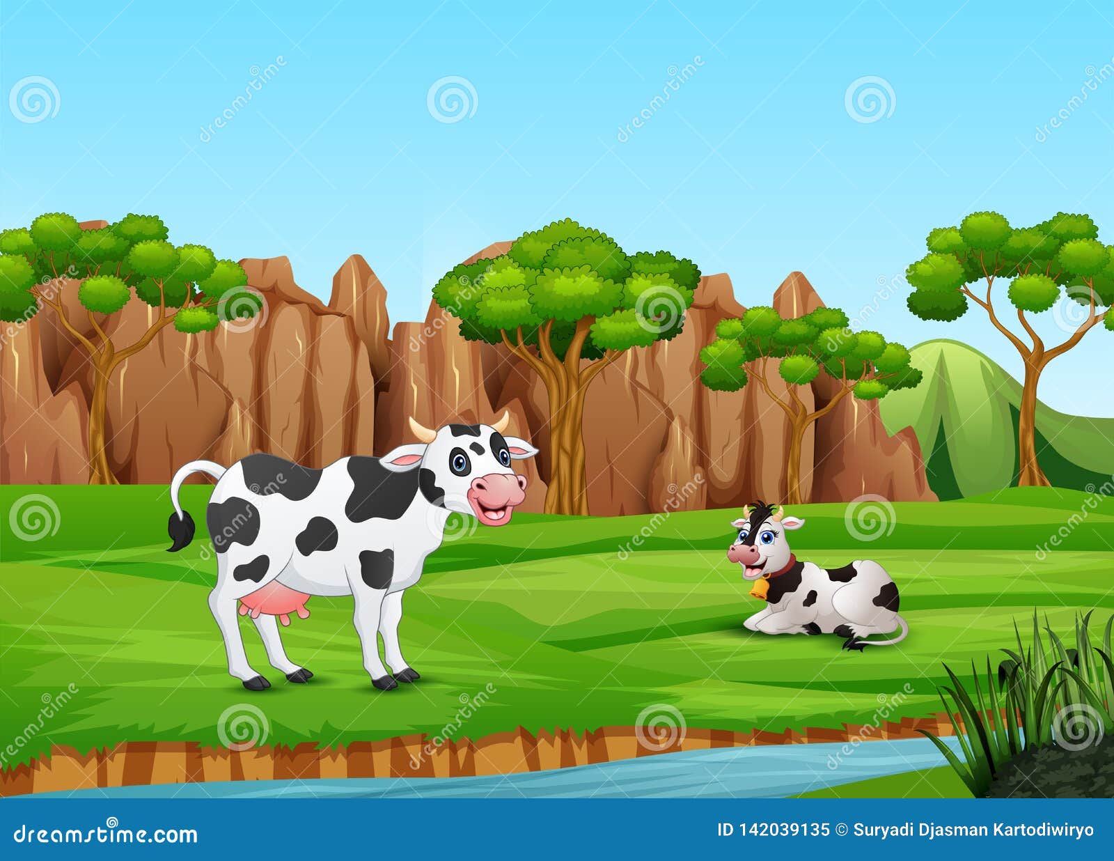 Cartoon Two Cows Enyoying on the Field Stock Vector - Illustration of ...