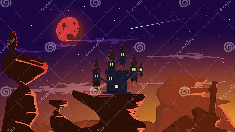 Blood Full Moon Eclipse Castle on Great Rock Stock Illustration ...