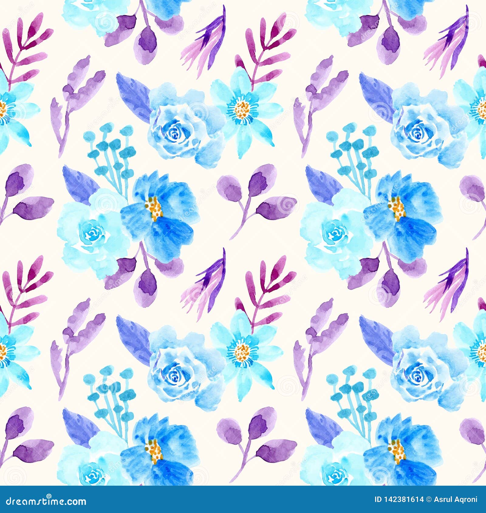 Blue Purple Watercolor Floral Pattern Stock Illustration - Illustration ...