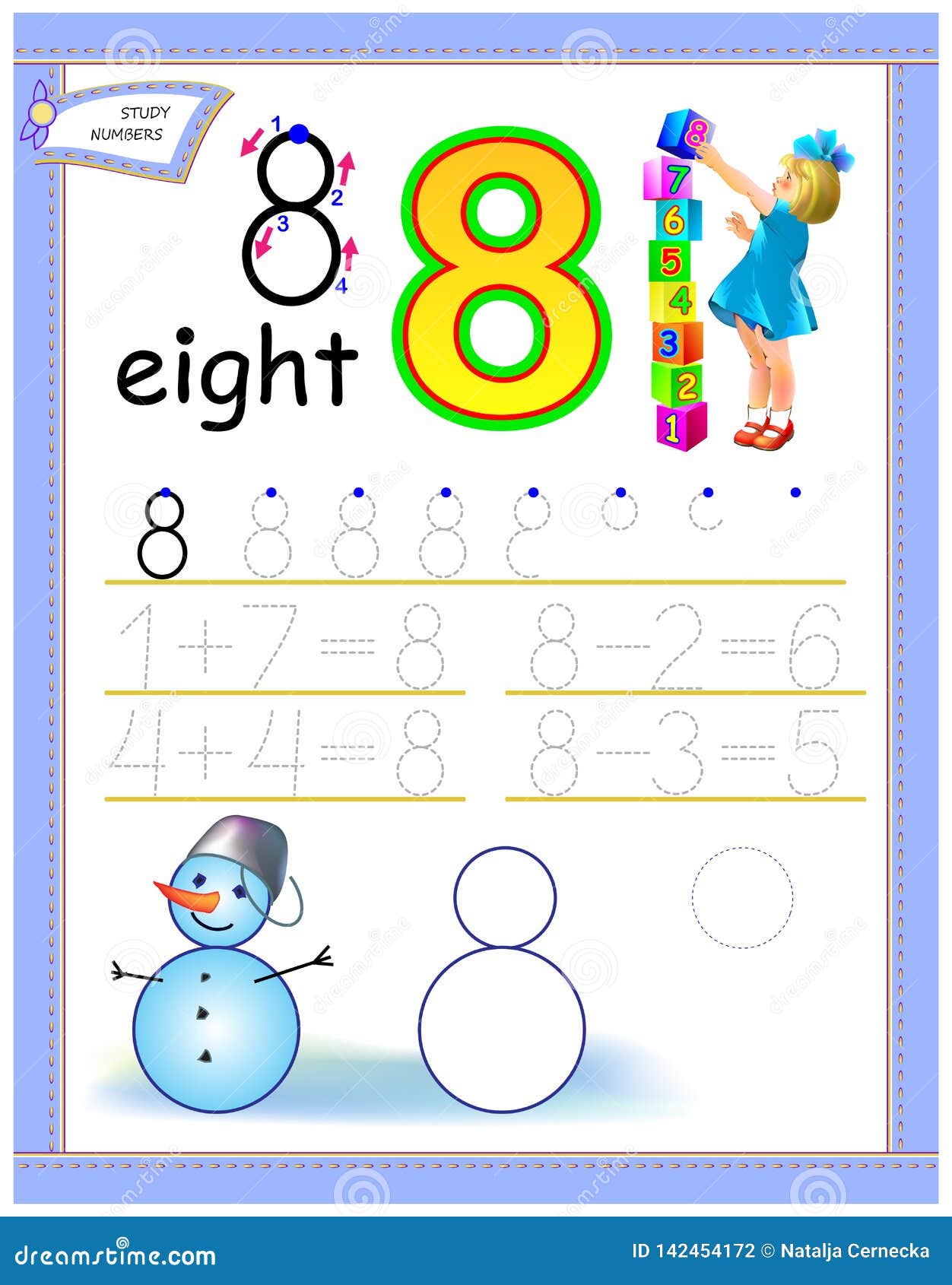 Educational Page for Kids with Number 8. Solve Mathematical Examples ...
