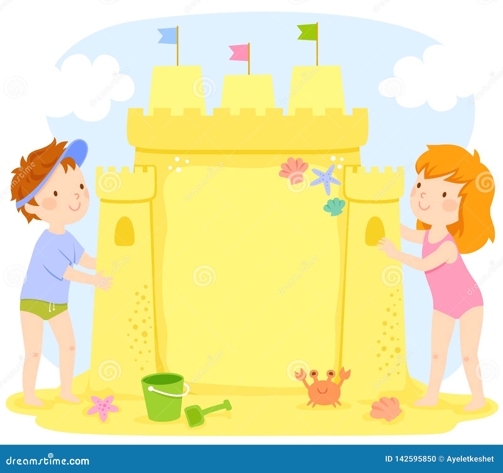 Kids Building Sandcastle On The Beach Vector Illustration ...