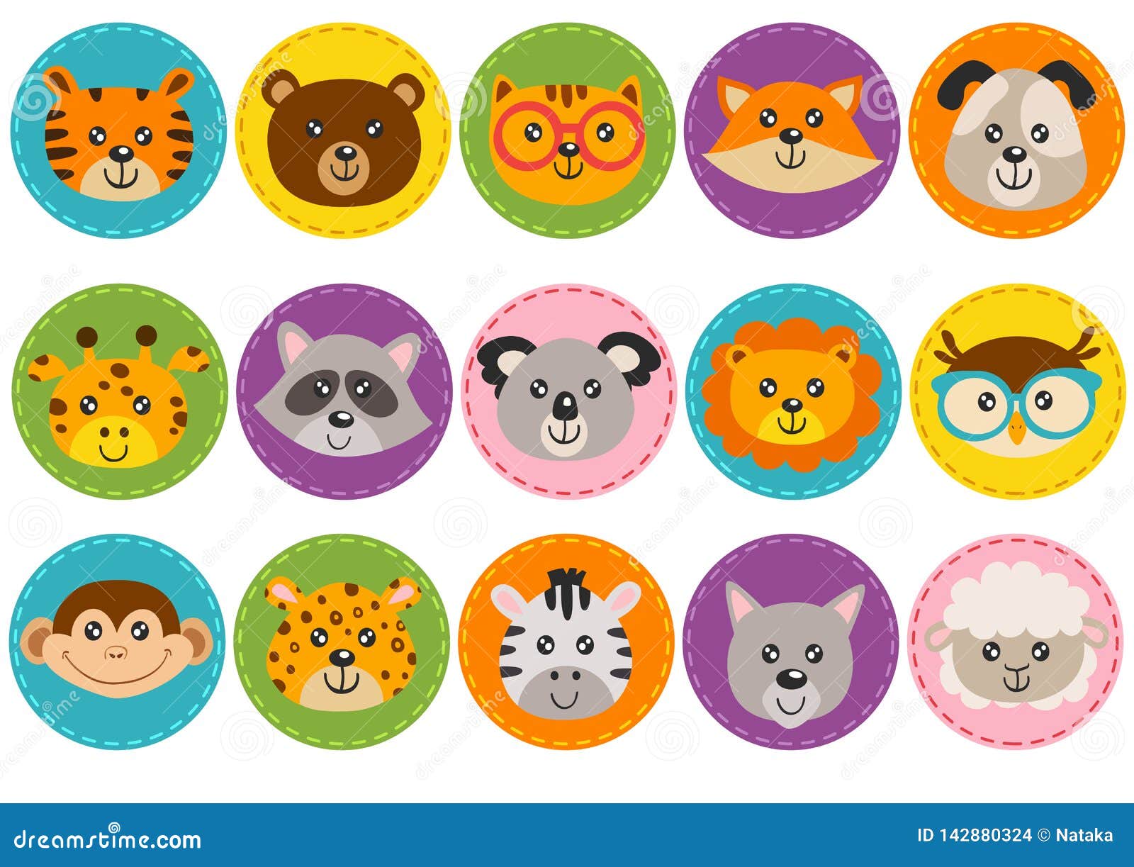 Set of Isolated Cute Animal Heads in Circle Stock Vector - Illustration ...