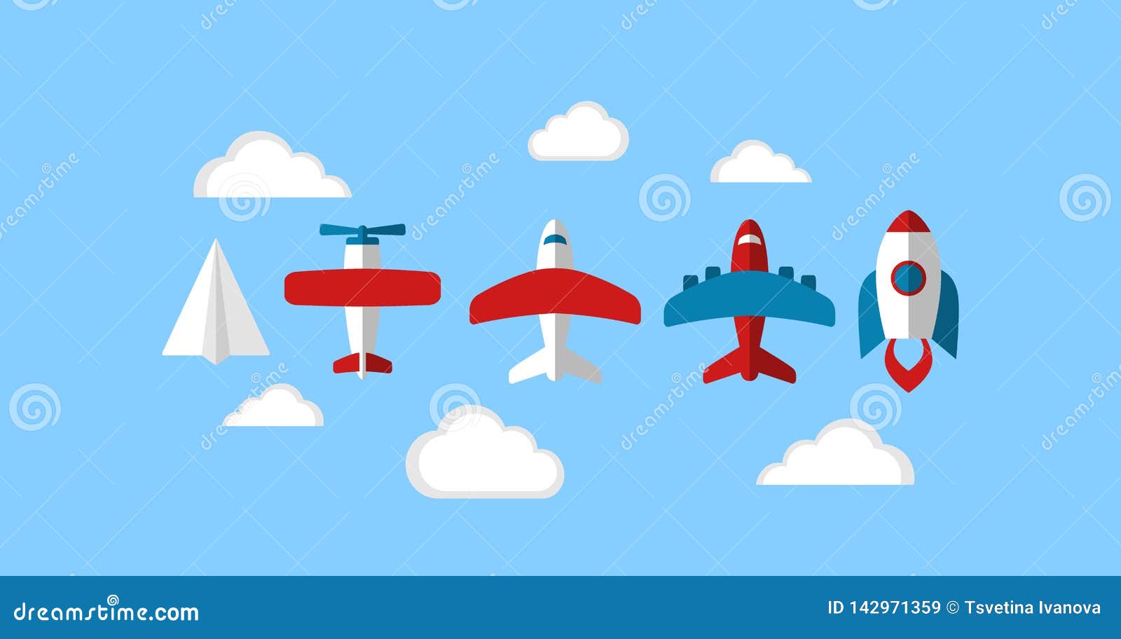 Business Start Up Spaceship Rocket, Paper Plane, Airplane and Clouds ...