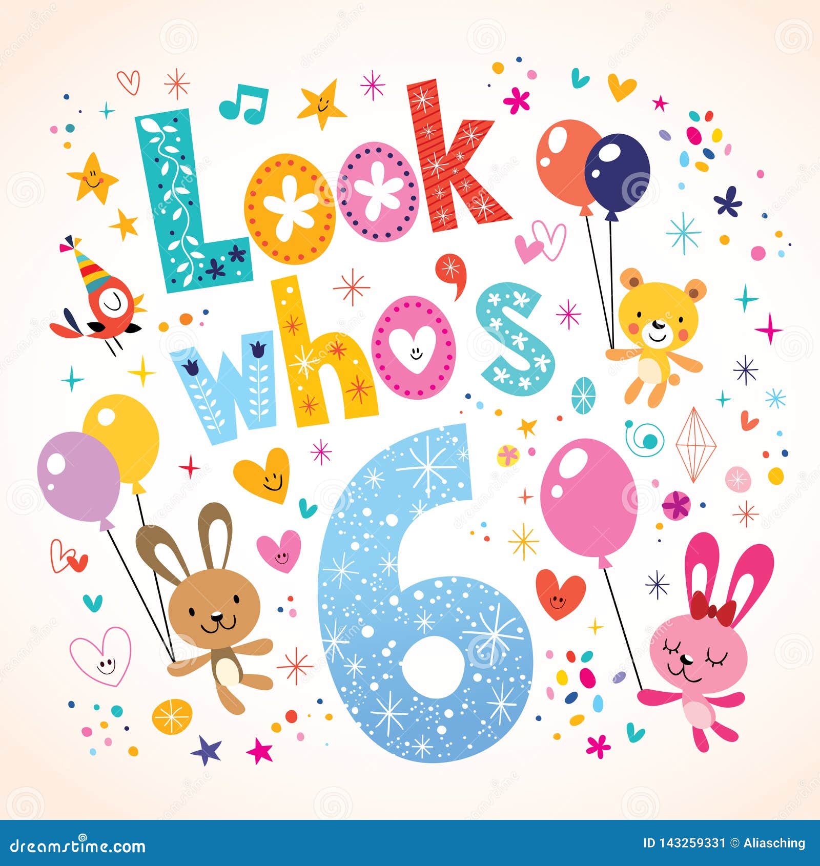 Sixth Birthday Cartoon Greeting Card Design Vector Illustration ...