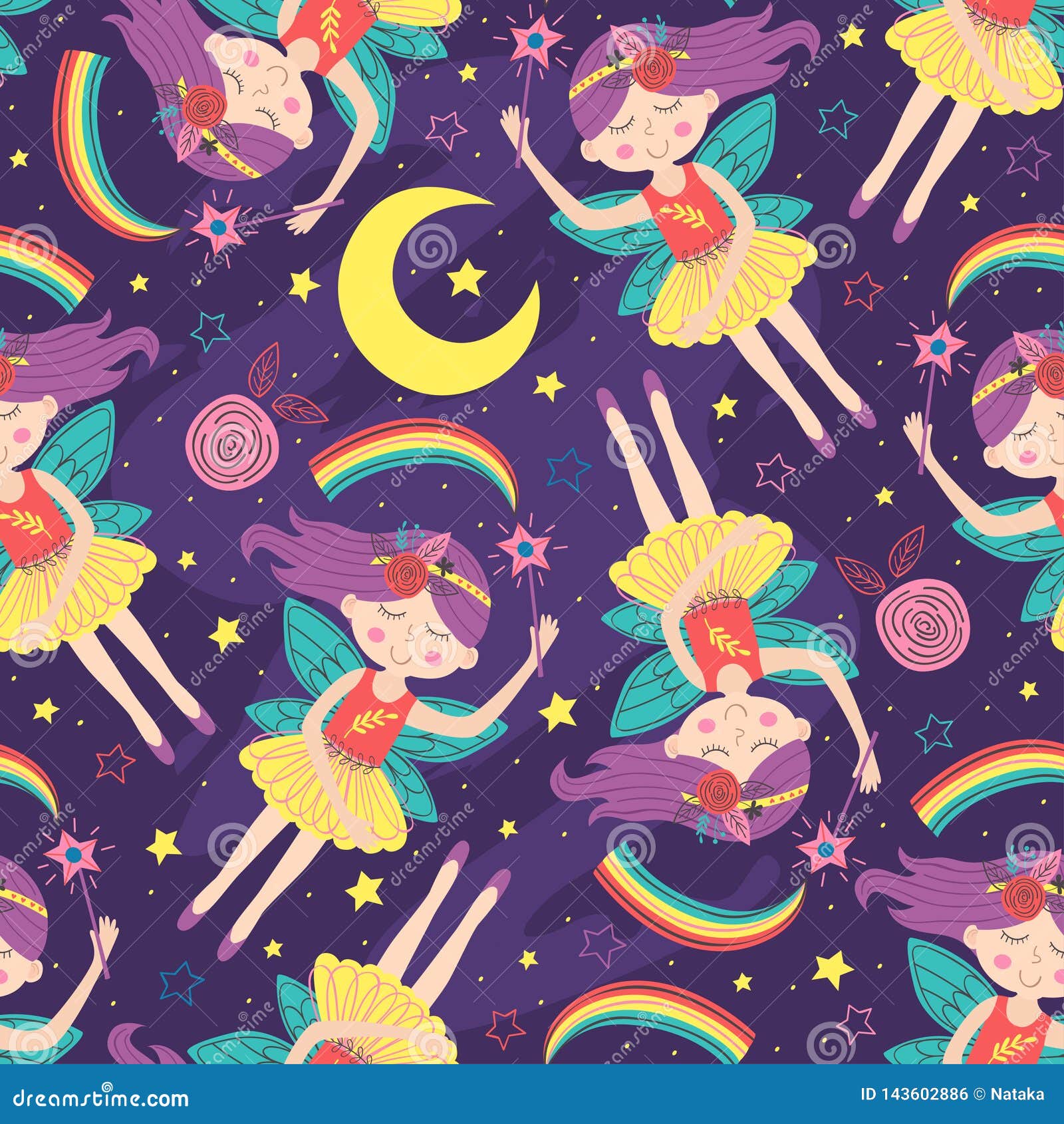 Seamless Pattern with Magic Night Fairy Stock Vector - Illustration of ...
