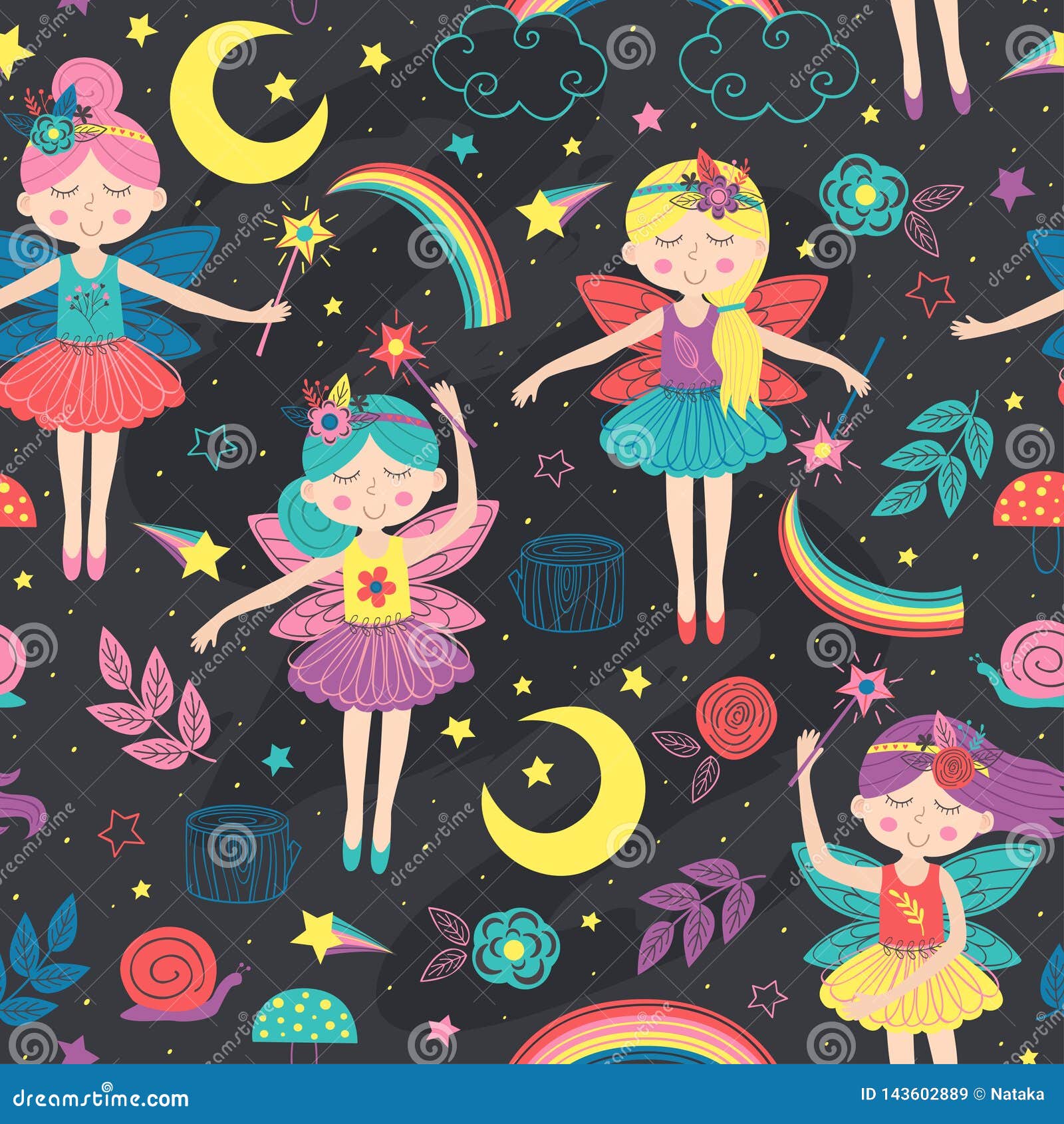 Seamless Pattern with Magic Night Fairies Stock Vector - Illustration ...
