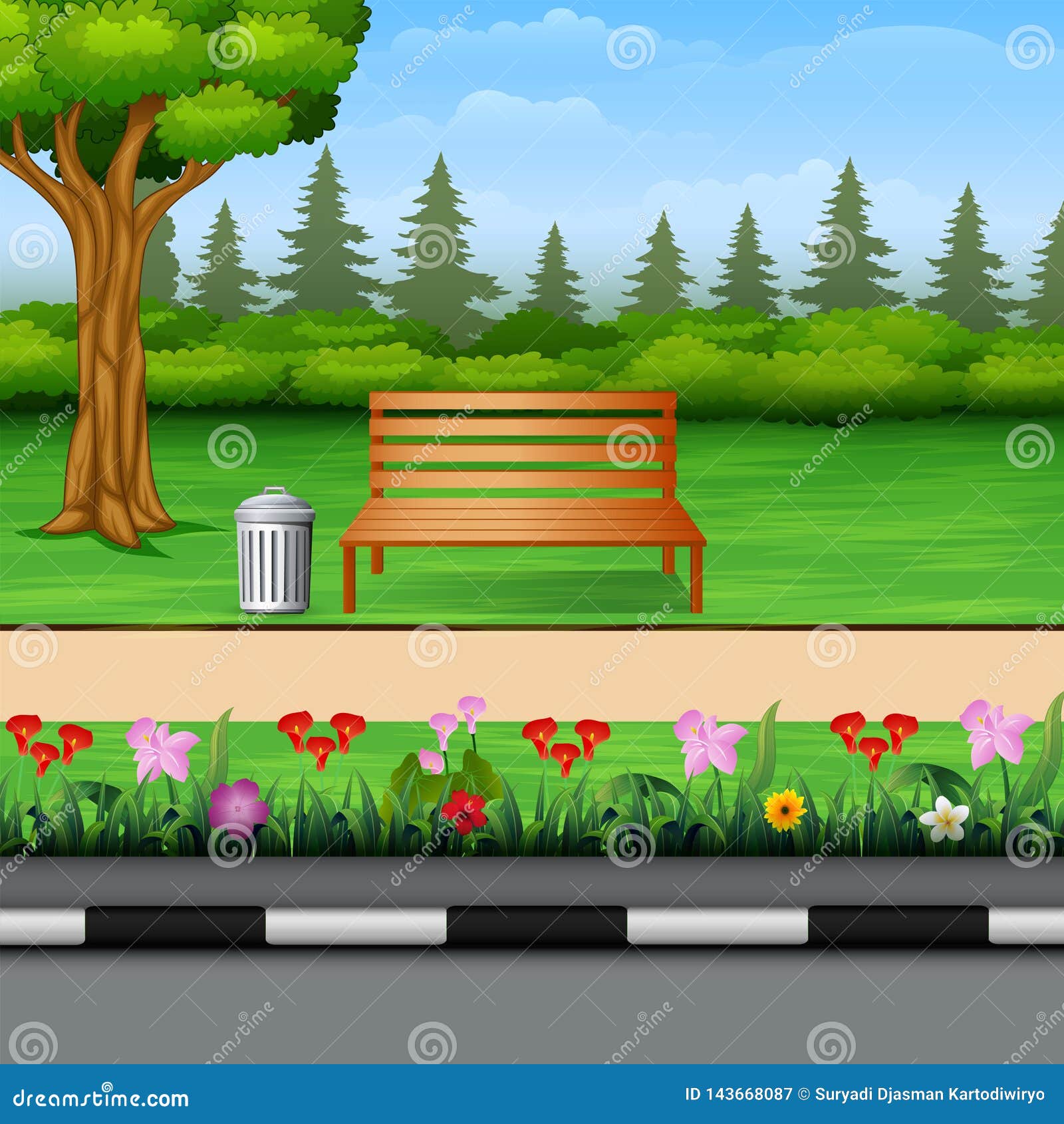 Park Scenery with Bench on Town Roadside Stock Vector - Illustration of ...