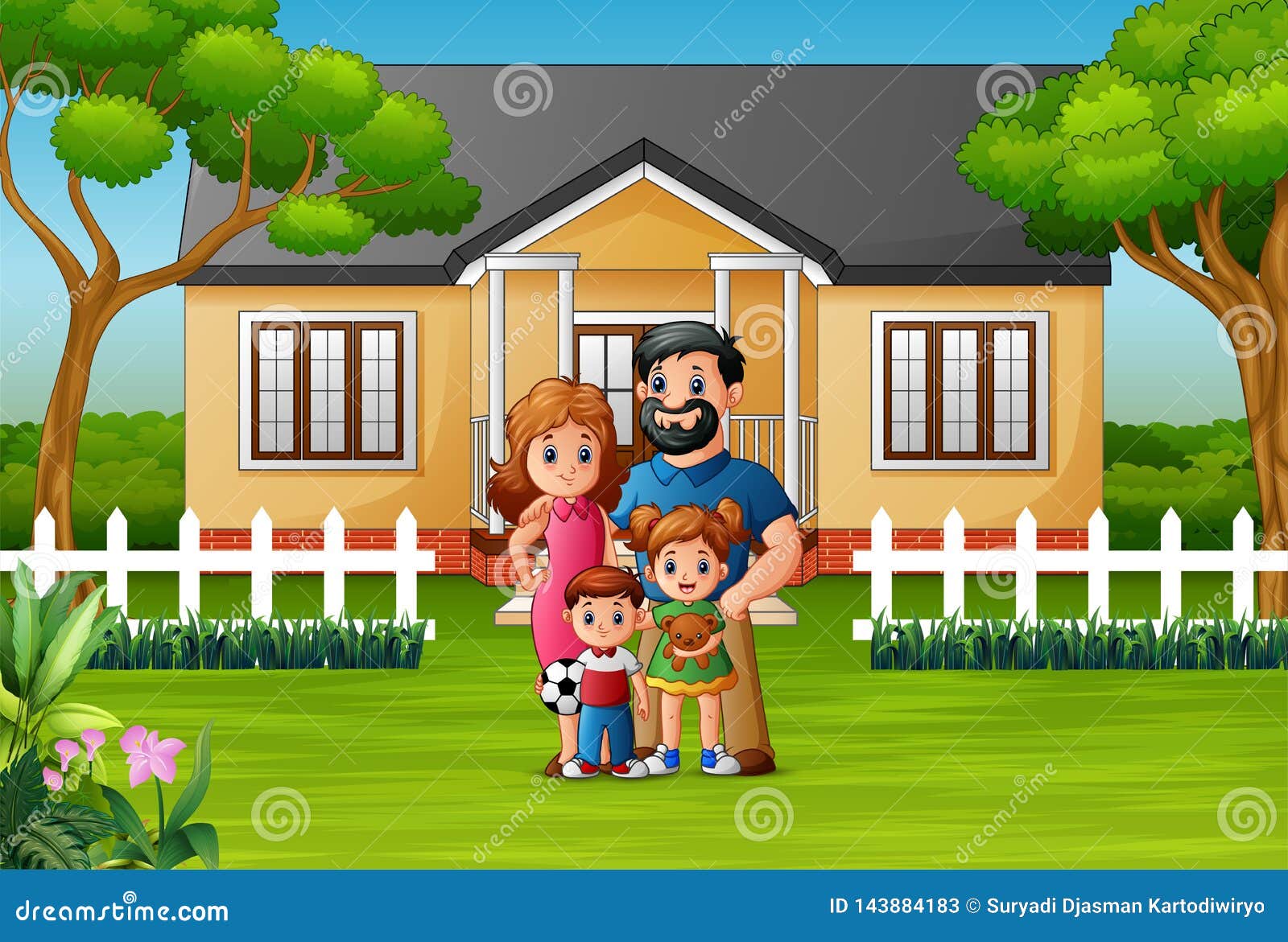 Happy Family Standing in Front of the House Stock Vector - Illustration ...