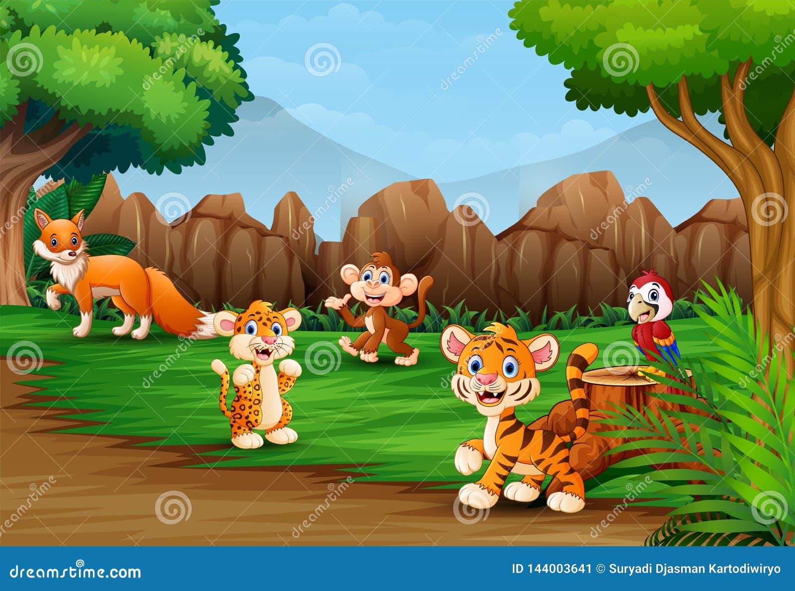 Wild Animal Cartoon in the Beautiful Nature Landscape Stock Vector ...