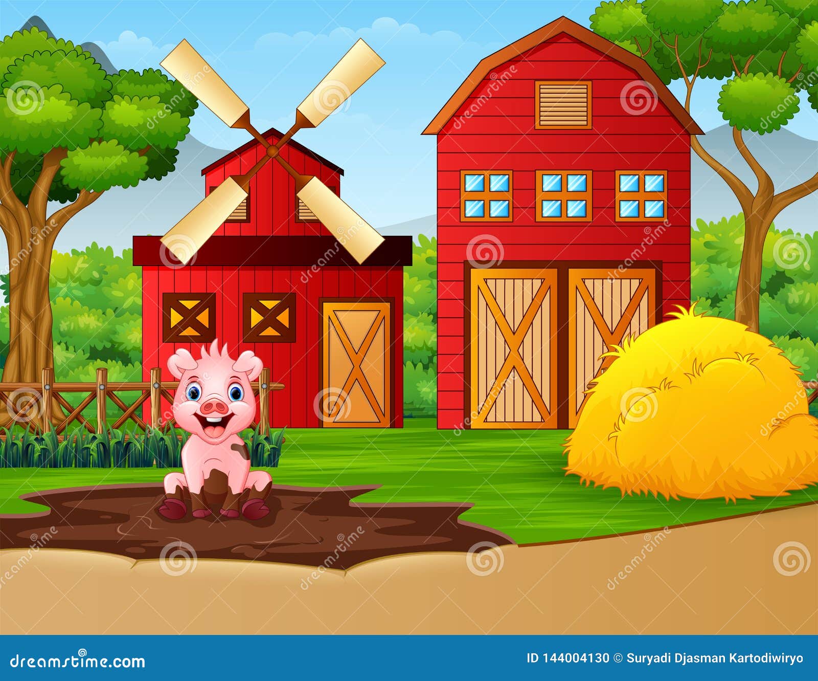 Funny Pig Play a Mud Puddle in the Farm Stock Vector - Illustration of ...