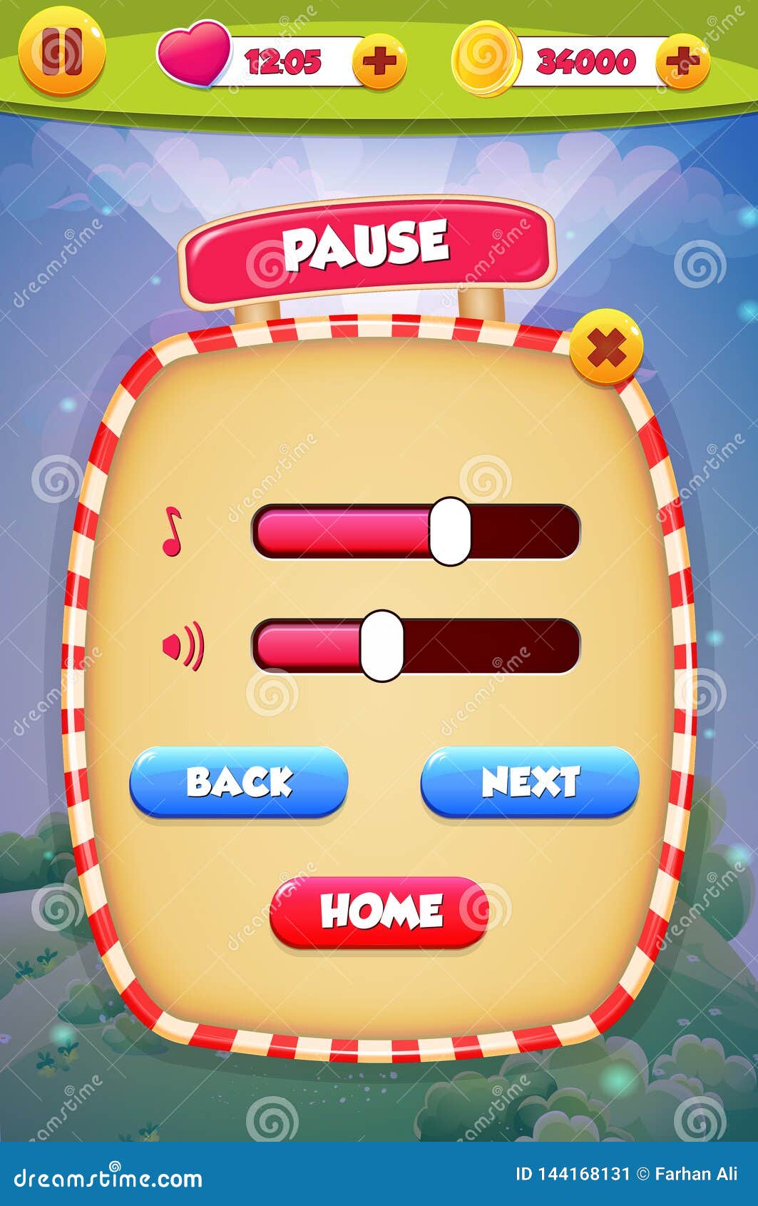 Pause Menu Scene Pop Up with Sound Music and Buttons Stock Illustration ...