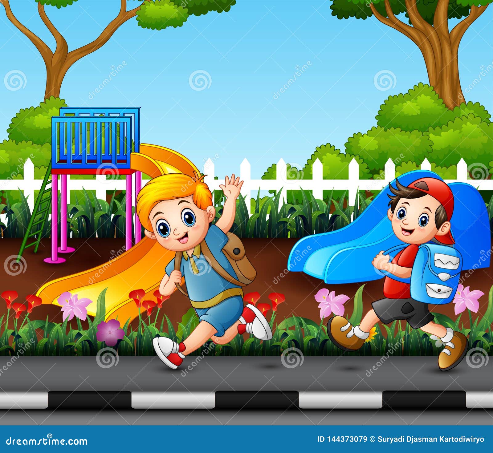Two Boys Go To School through the Park Road Stock Vector - Illustration ...