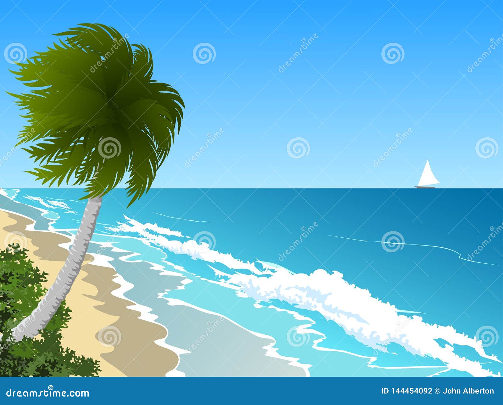 Windy Blue Sea and Coconut Tree Stock Illustration - Illustration of ...