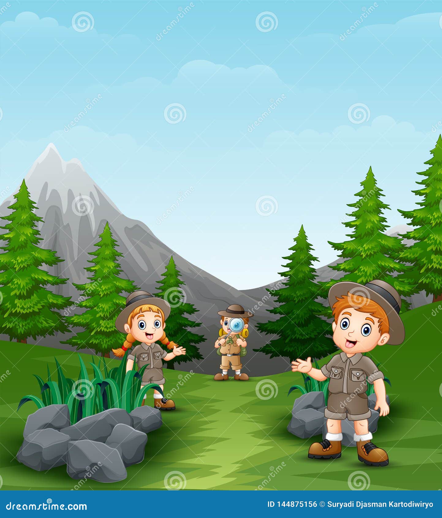 Happy Explorer Kids in the Beautiful Landscape Stock Vector ...
