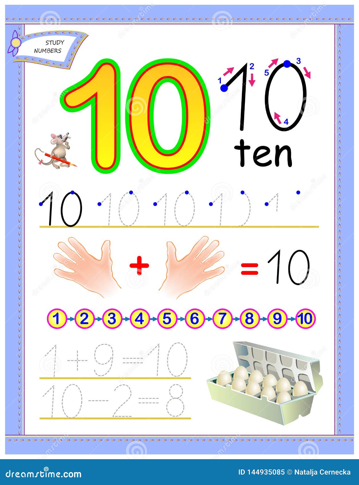 Educational Page for Kids with Number 10. Solve Mathematical Examples ...