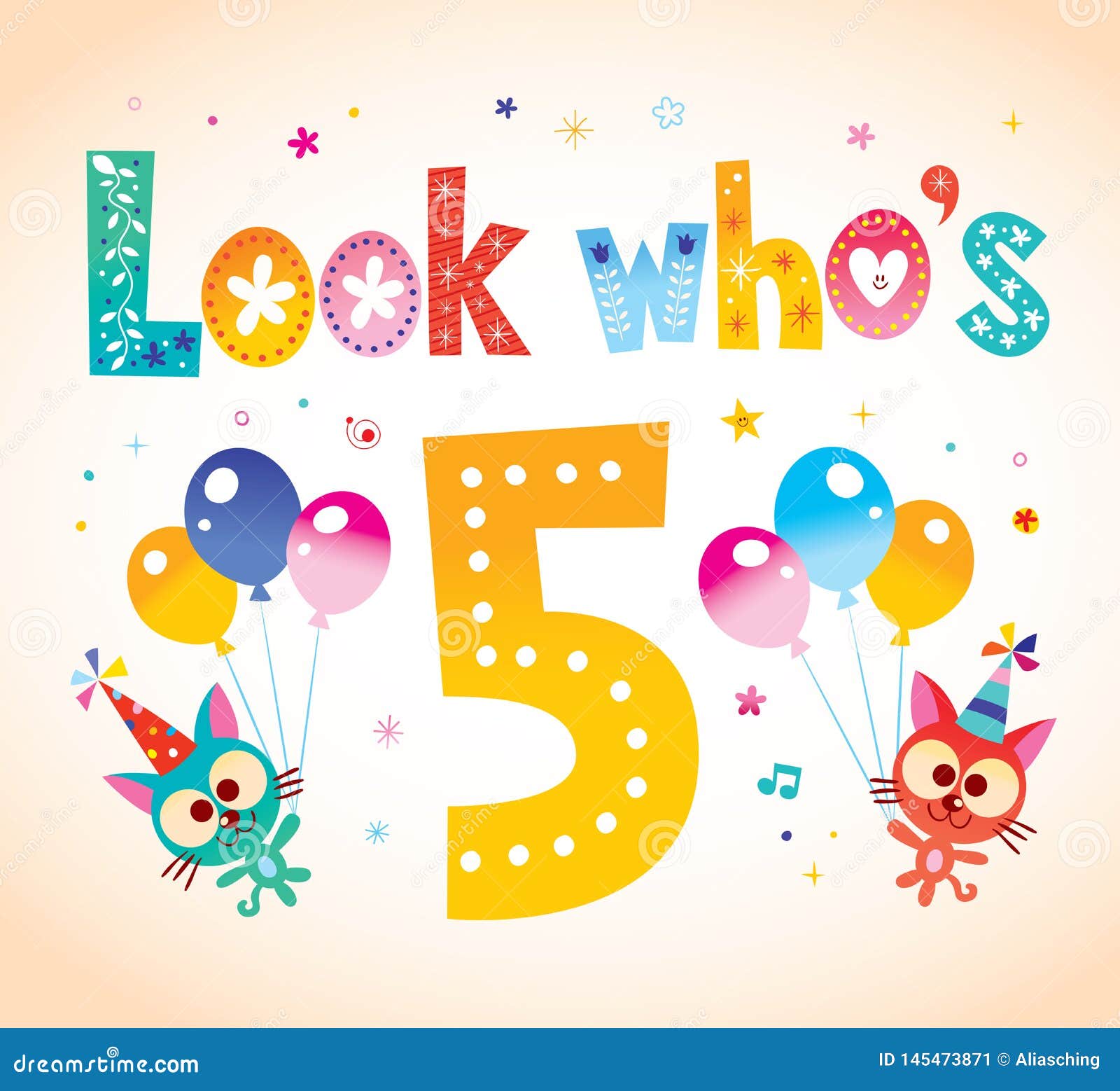 Fifth Or 5-th Birthday Party Greeting Card Or Postcard. Cartoon Vector ...