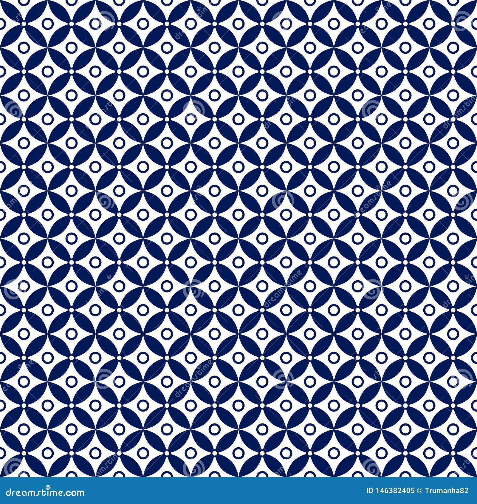 Seamless Dark Blue Geometric Flowers and Circles Pattern in White ...