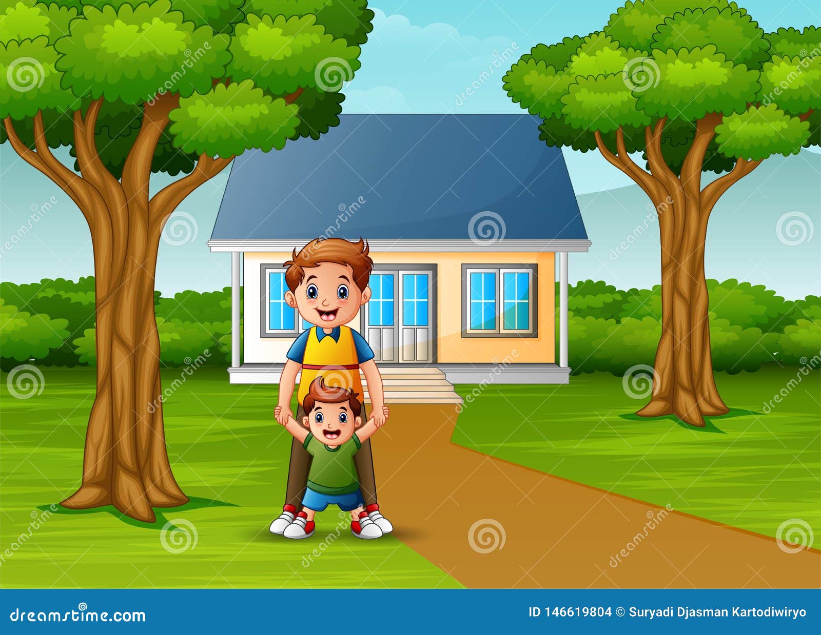Happy Father with Her Son in Front of the House Yard Stock Vector ...